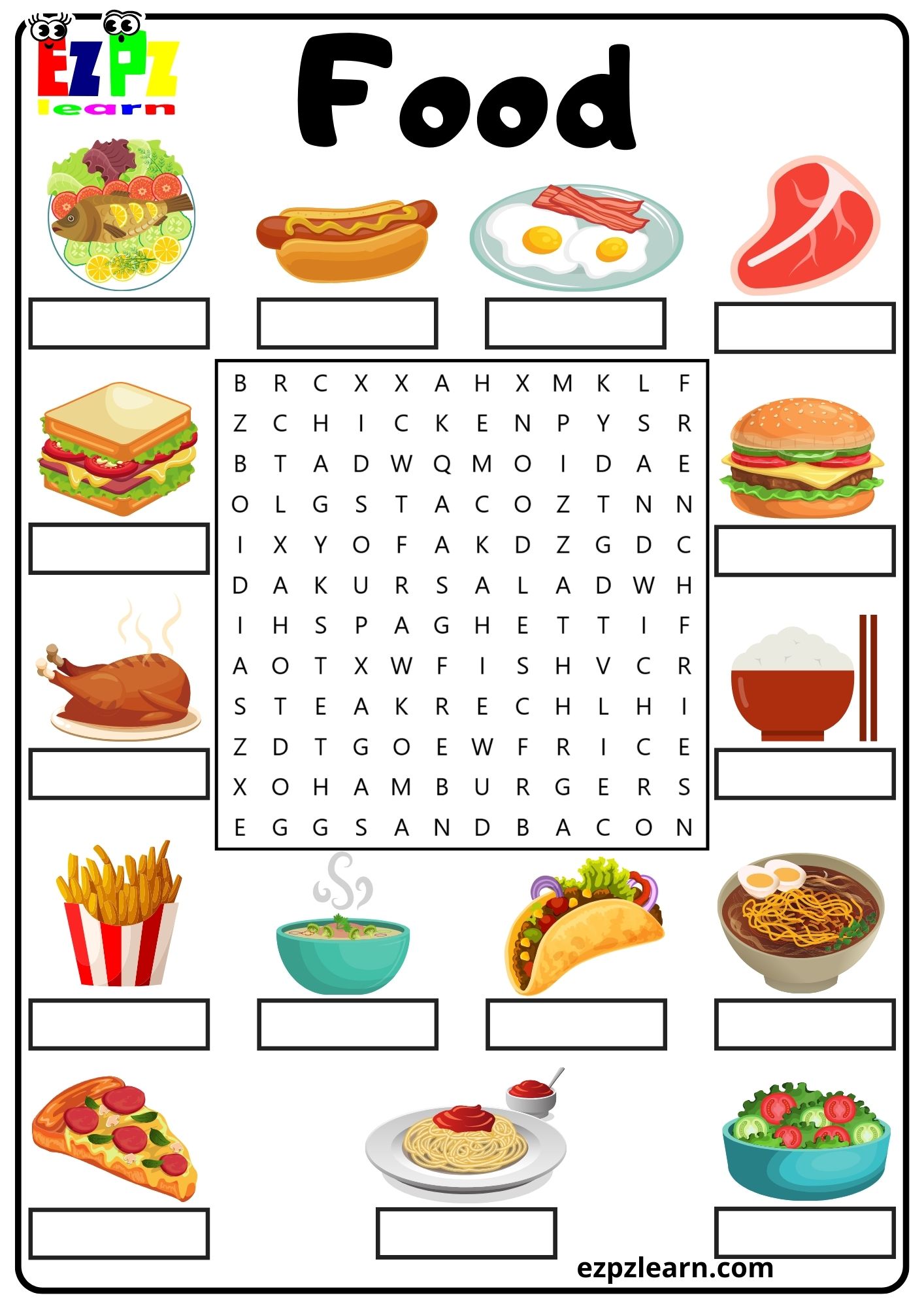 Food Vocabulary Word Search and Write the Words Activity for Kids and ...