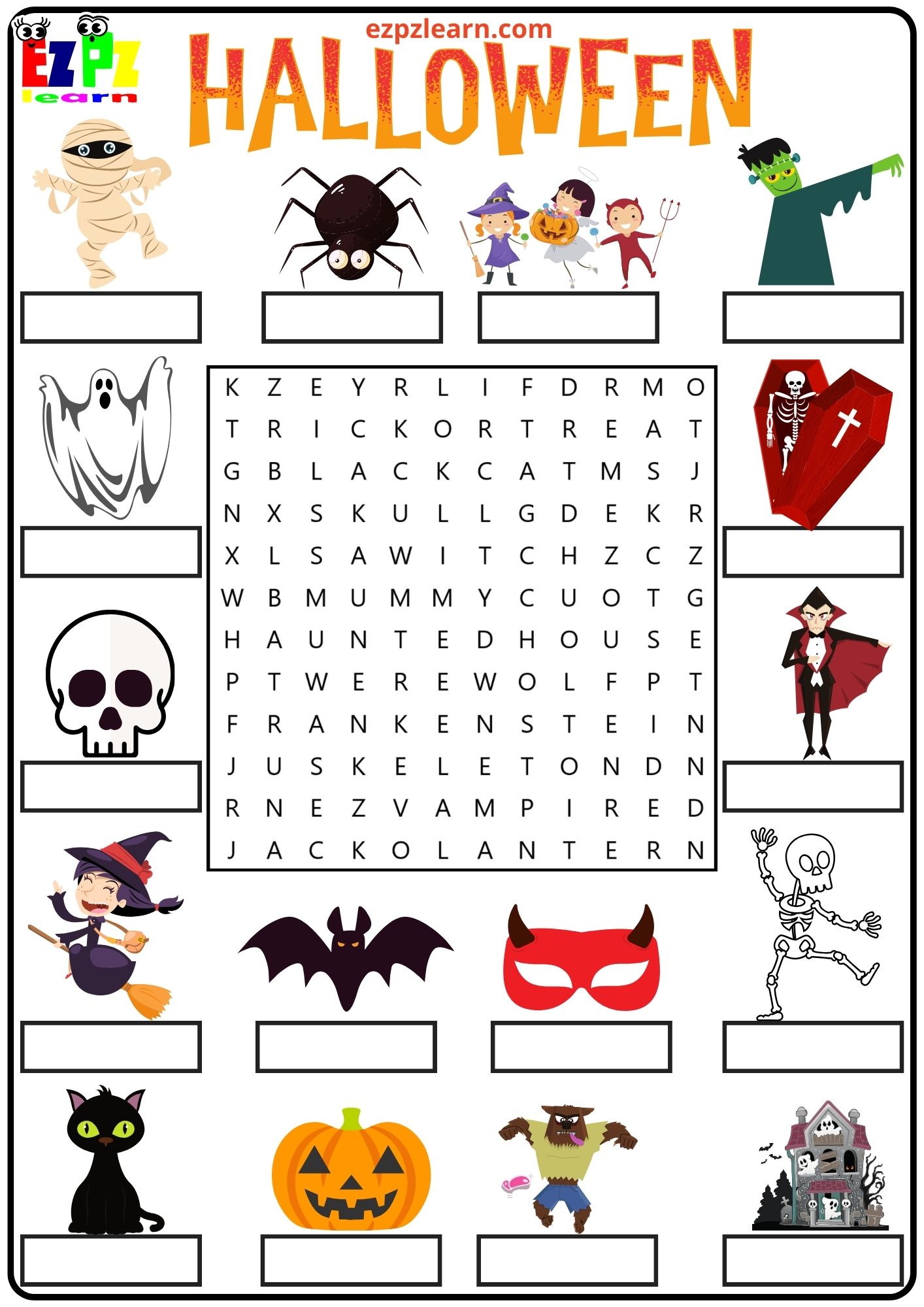 Halloween Holiday Word Search and Write the Words Activity for Kids and ...