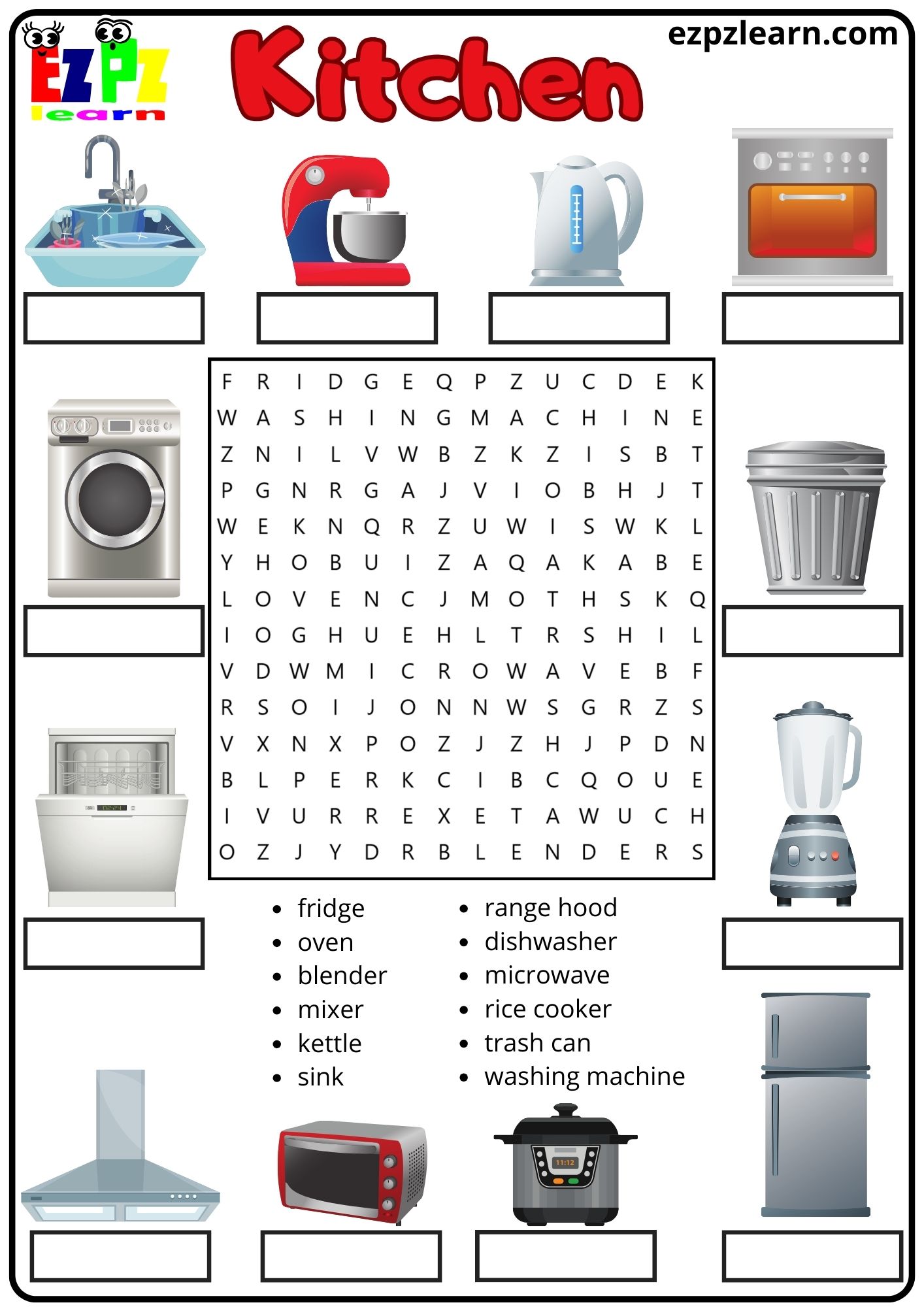 Kitchen Appliances Vocabulary Word Search and Match the Words Activity ...
