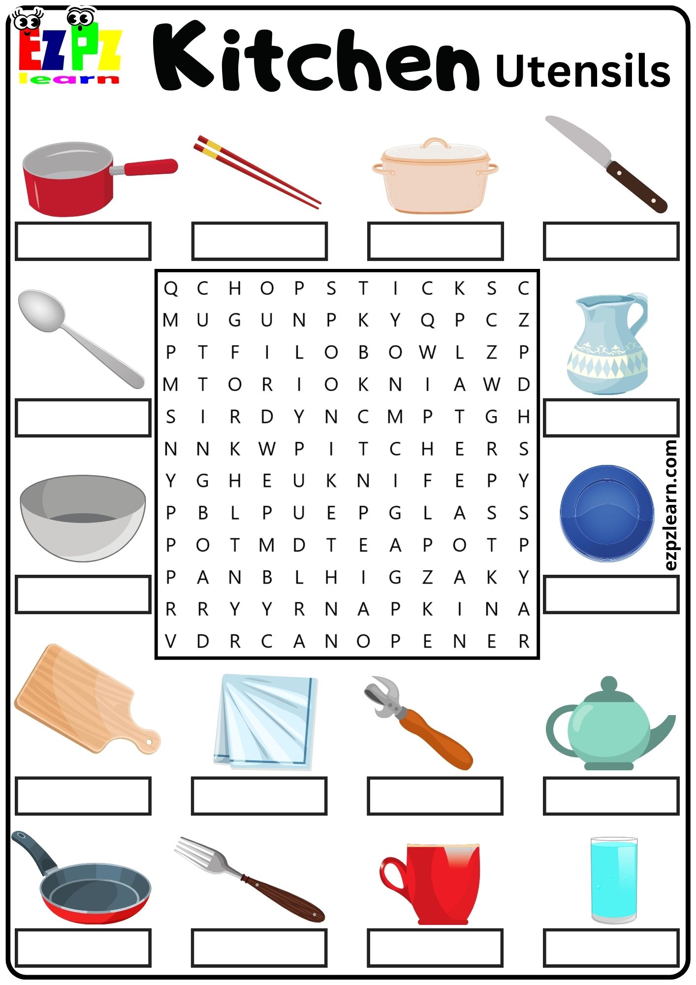 Kitchen Utensils Vocabulary Word Search and Write the Words Activity ...