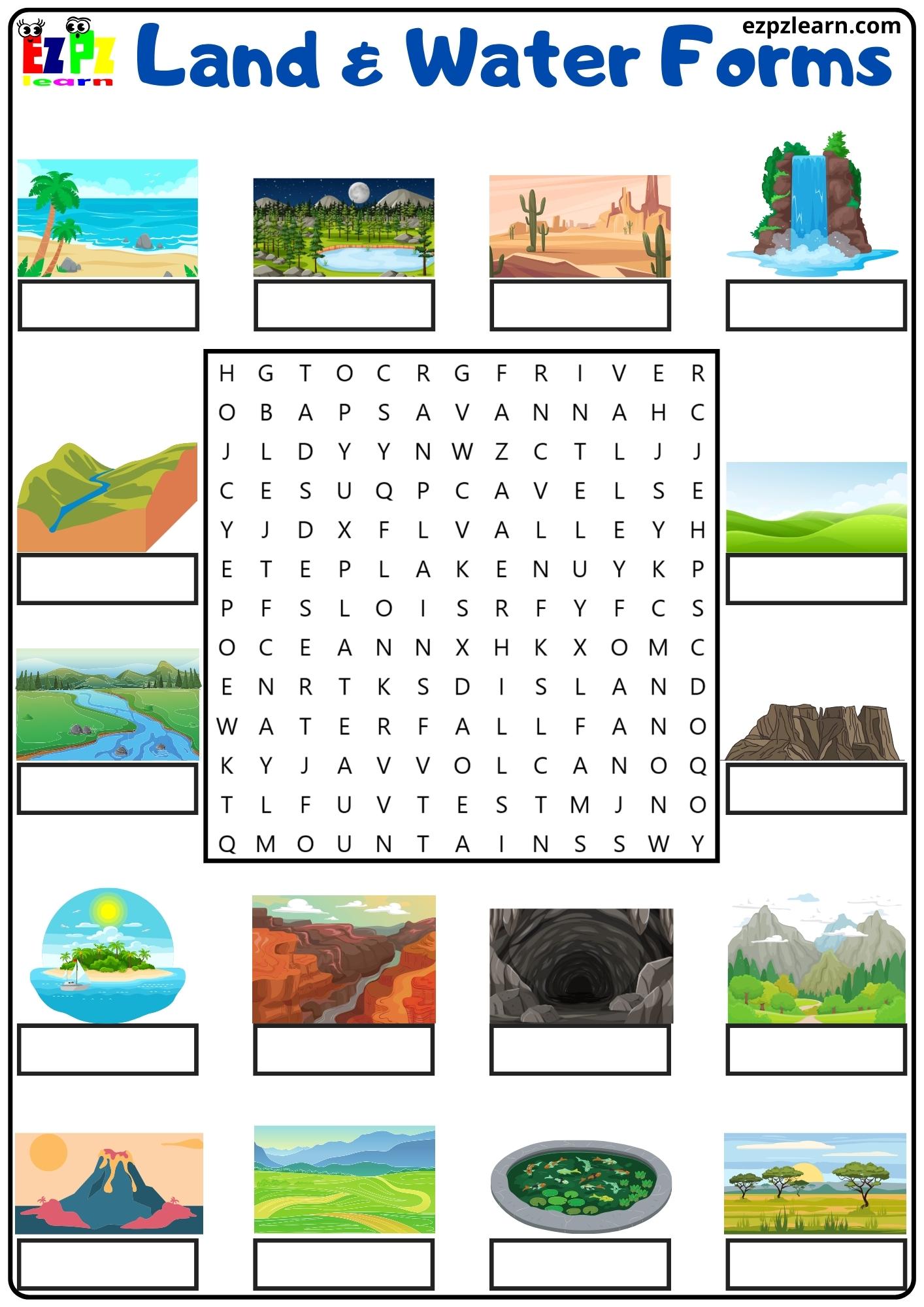 Land and Water Forms Word Search and Write the Words for Kids and ...