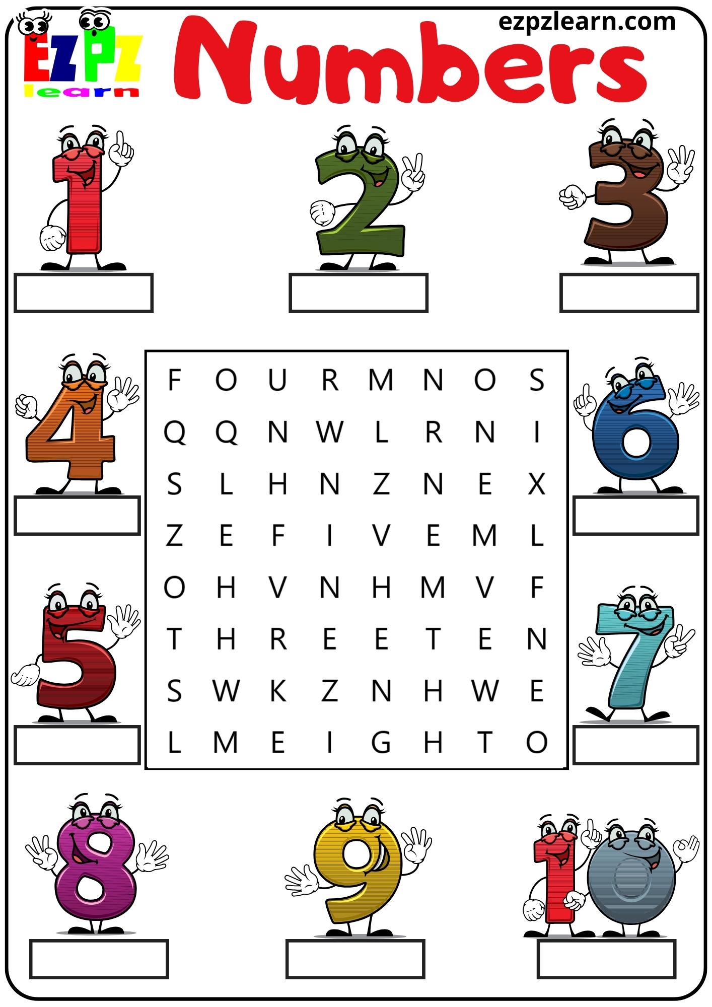Numbers Word Search and Write the Words for Kids and English Language ...
