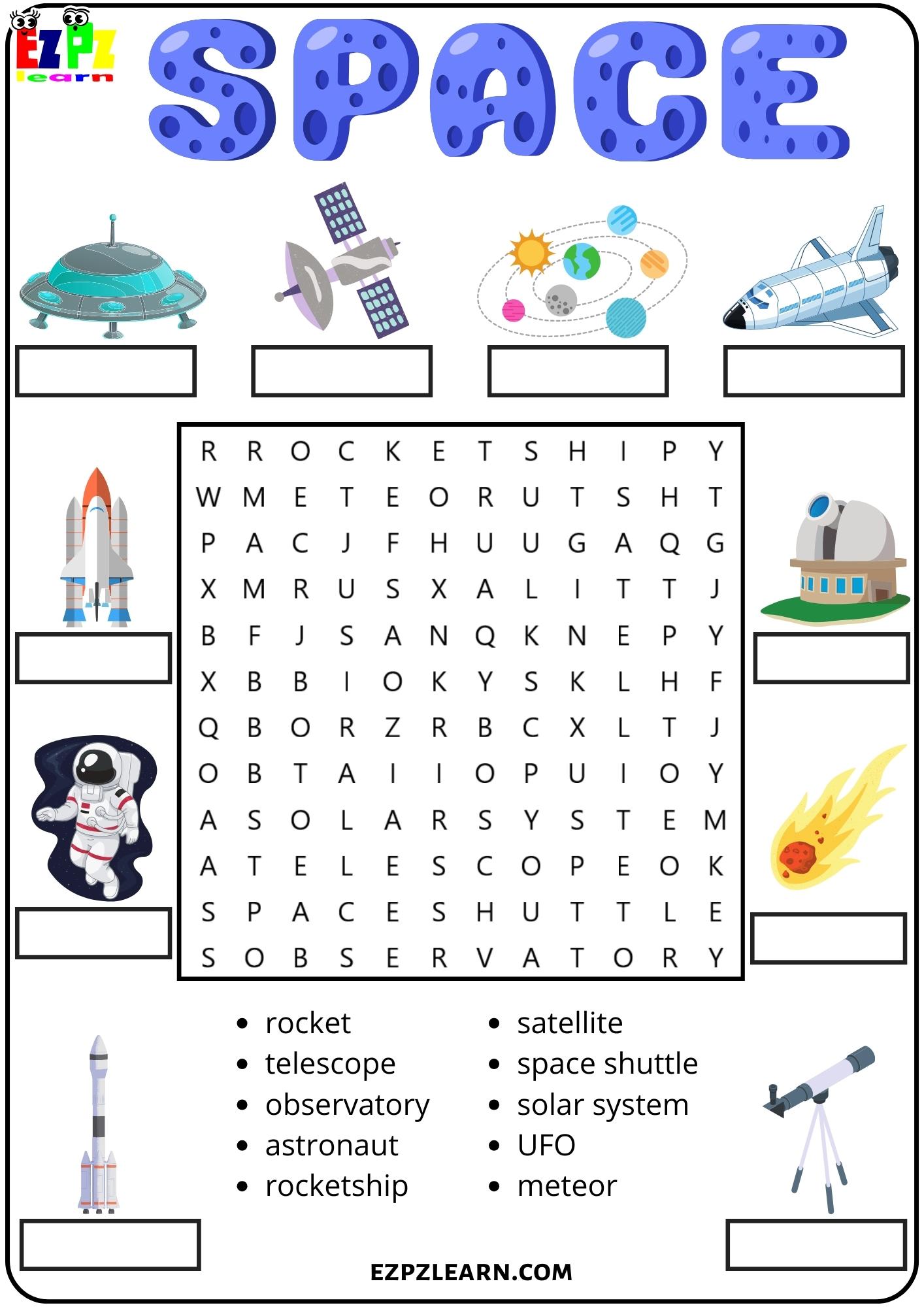 Space Vocabulary Word Search and Match the Words Activity for Kids and ...