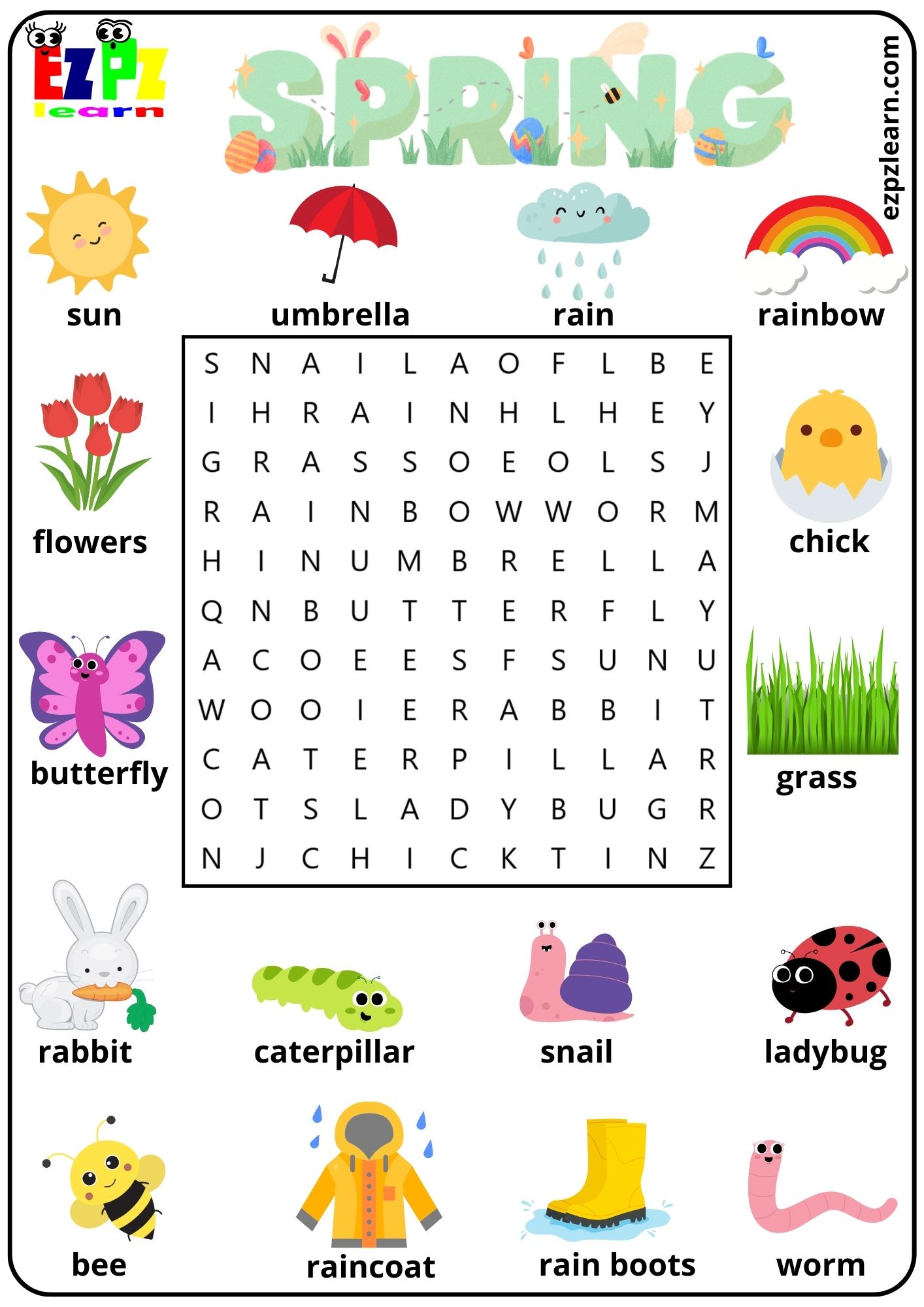 Spring Season Vocabulary Word Search Activity for Kids and English ...
