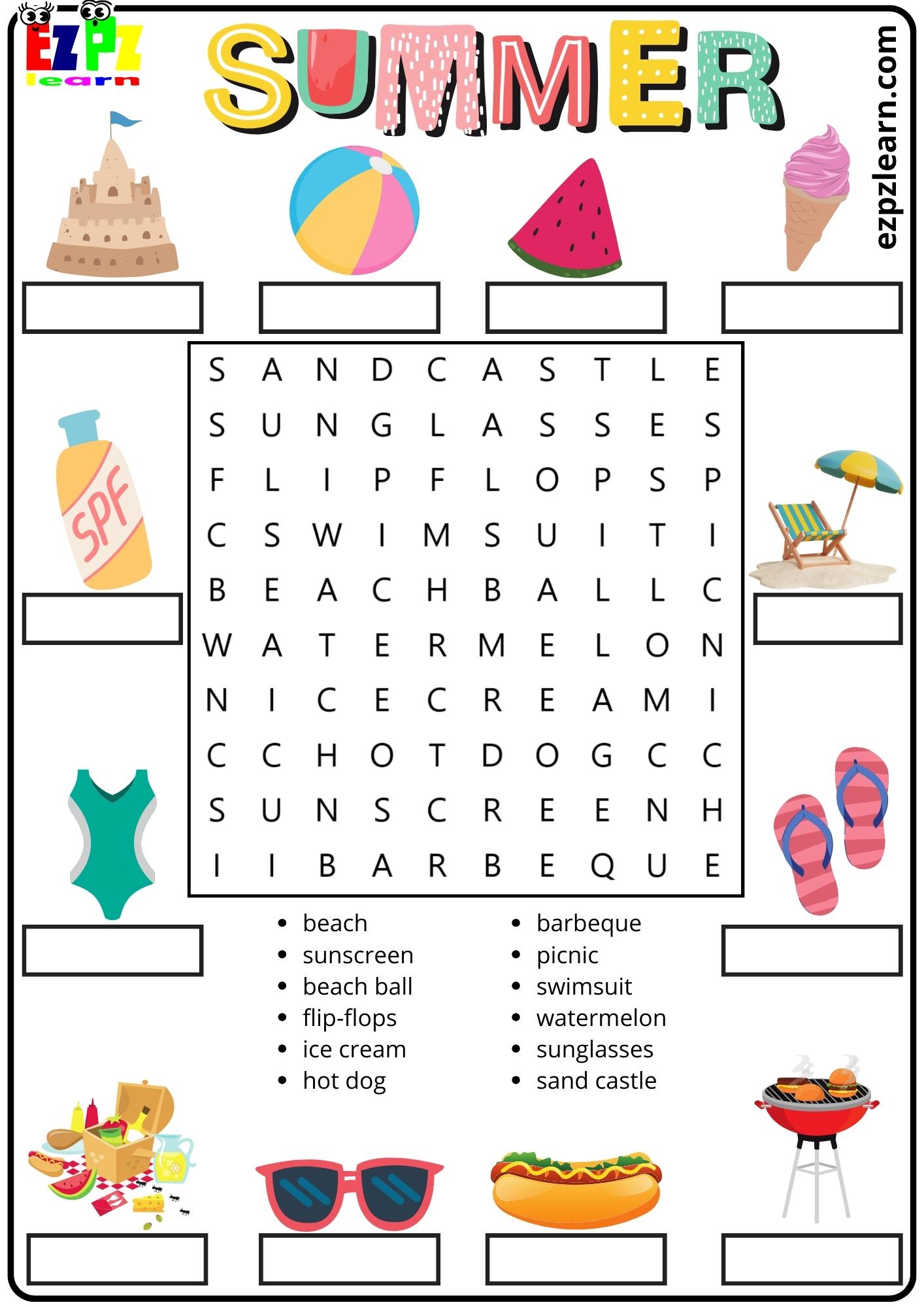 Summer Season Vocabulary Word Search and Match the Words Activity for ...