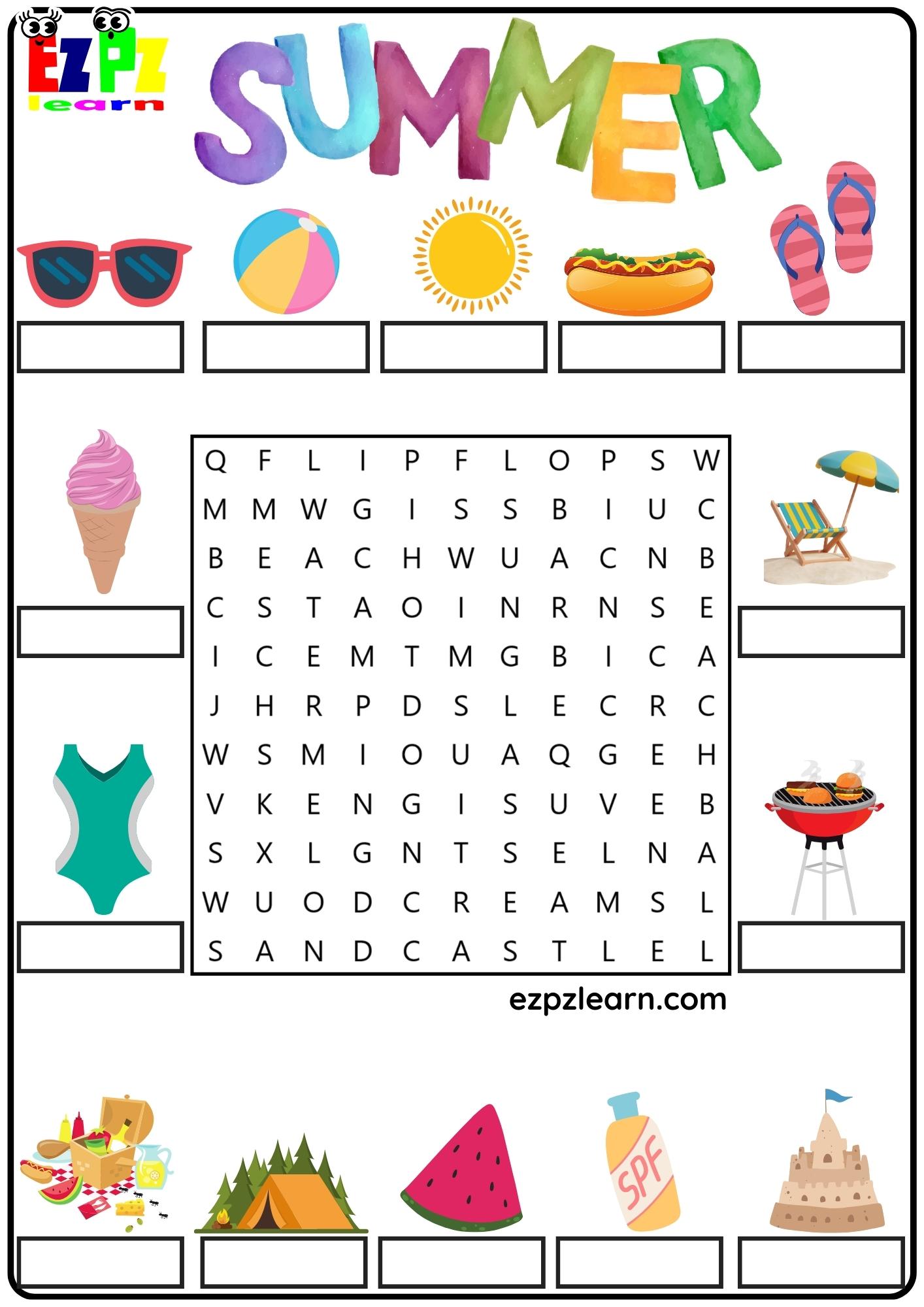 Summer Season Vocabulary Word Search and Write the Words Activity for ...