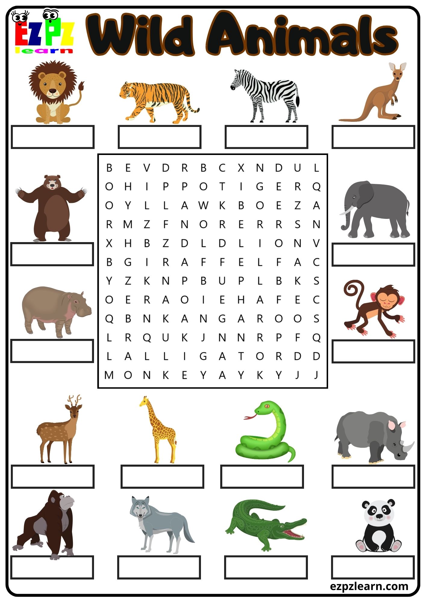 Wild Animals Vocabulary Word Search and Write the Words Activity for ...