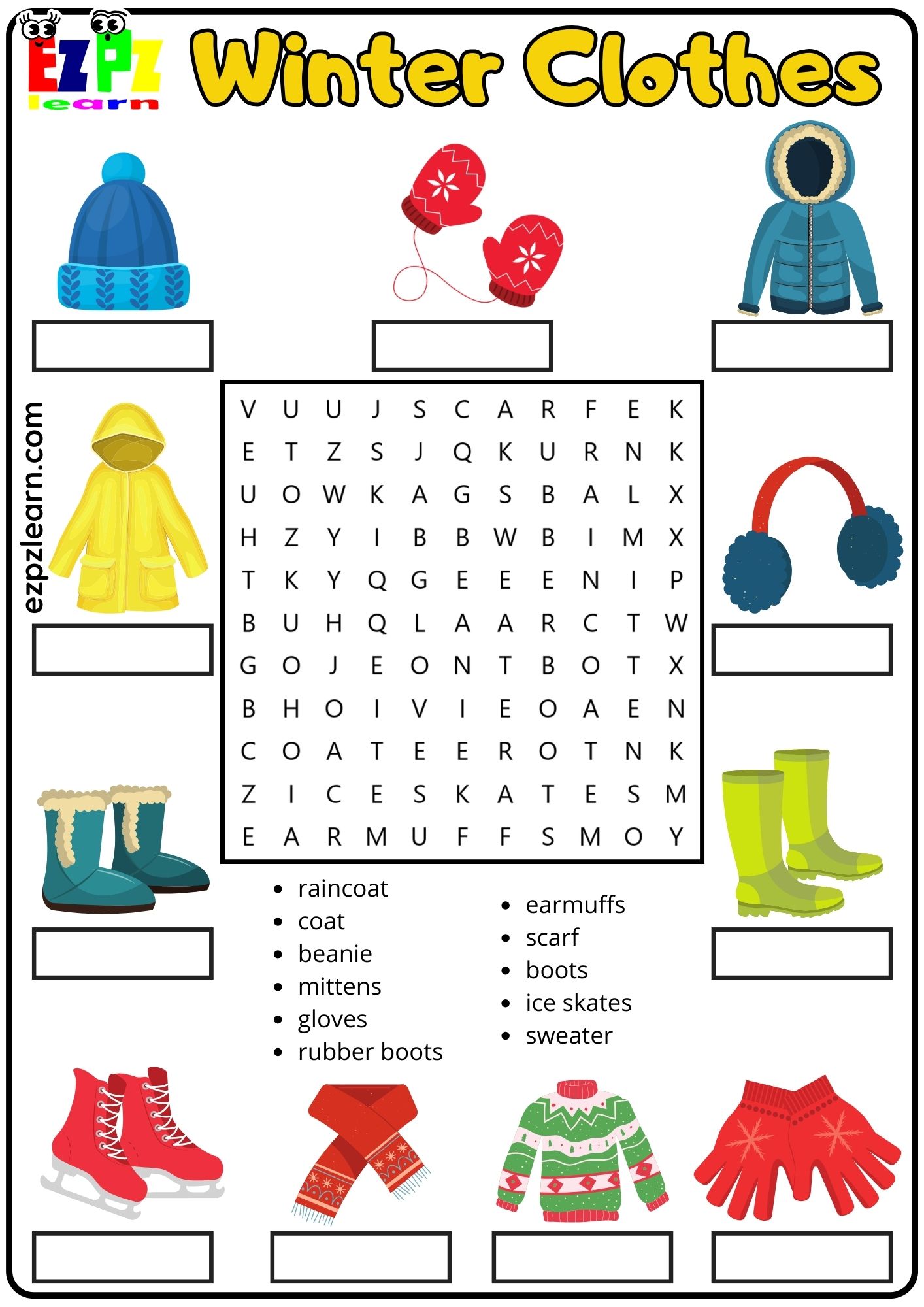 Winter Clothes Vocabulary Word Search and Match the Words Activity for ...