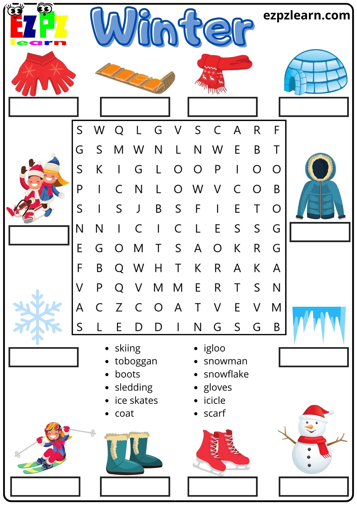 Winter Vocabulary Word Search and Match the Words Activity for ESL ...