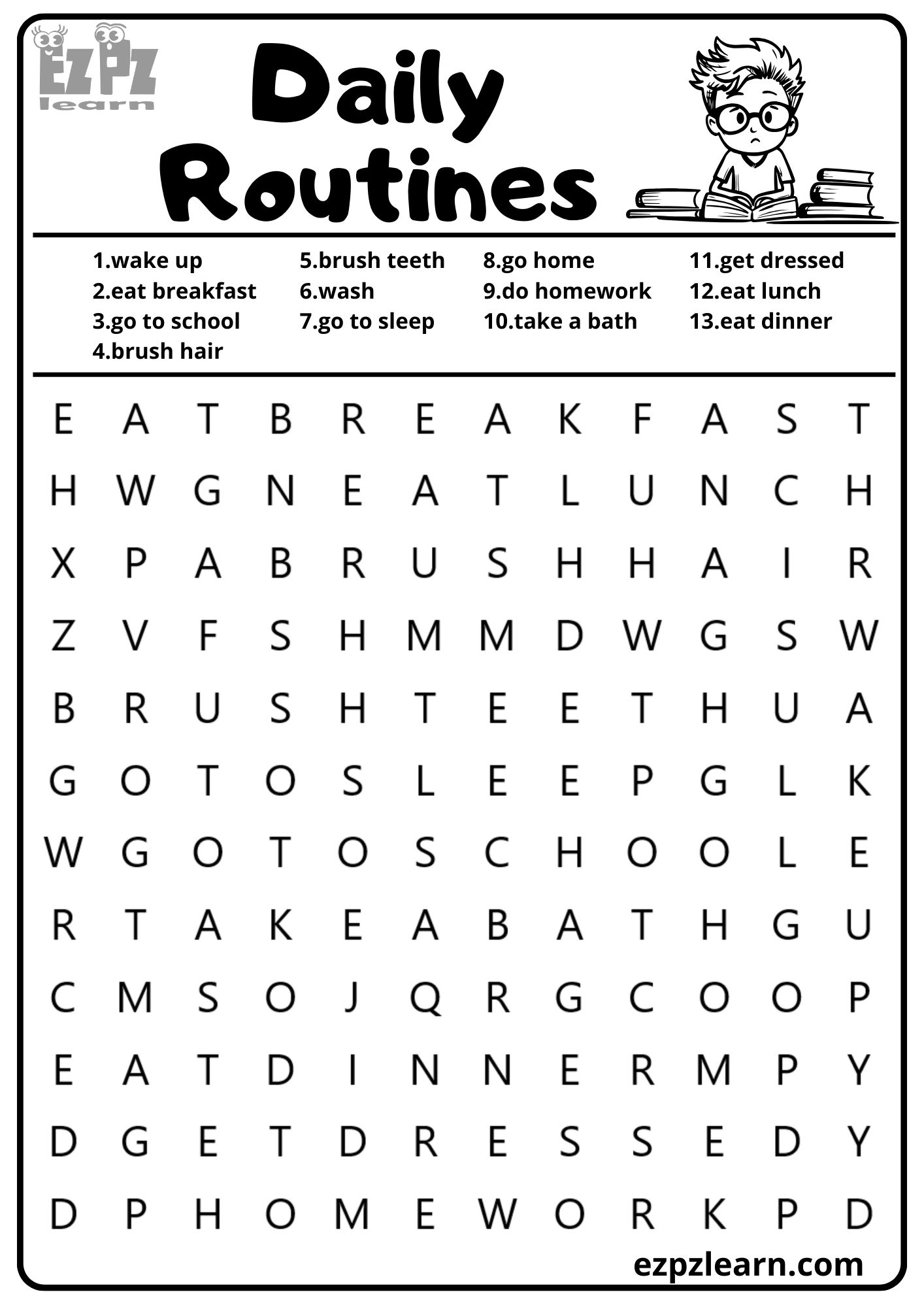 Daily Routines Vocabulary Word Search for Kids and English Language ...