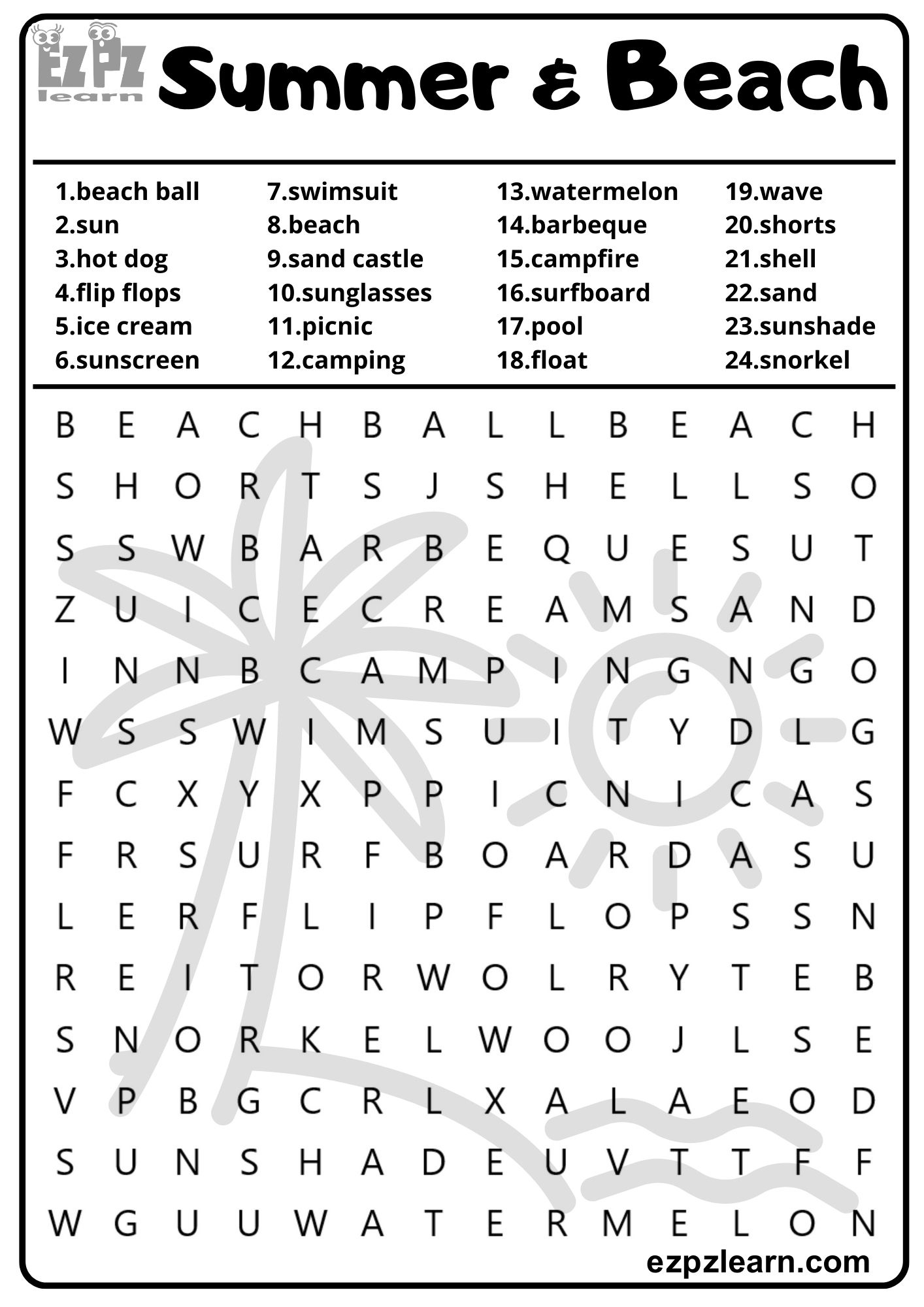 Summer Season and Beach Vocabulary Word Search for Kids and English ...