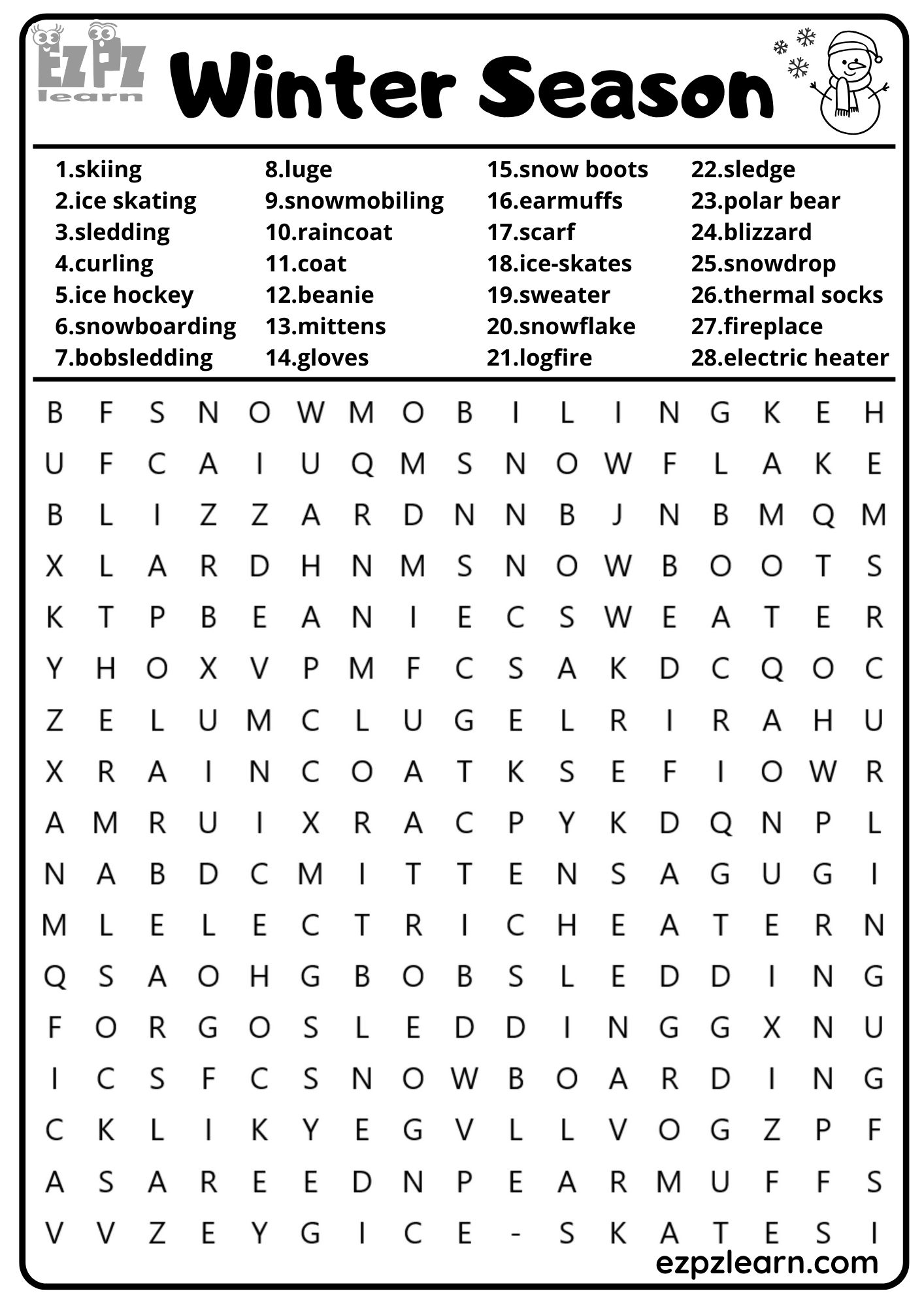 Winter Season Vocabulary Word Search for Kids and English Language ...