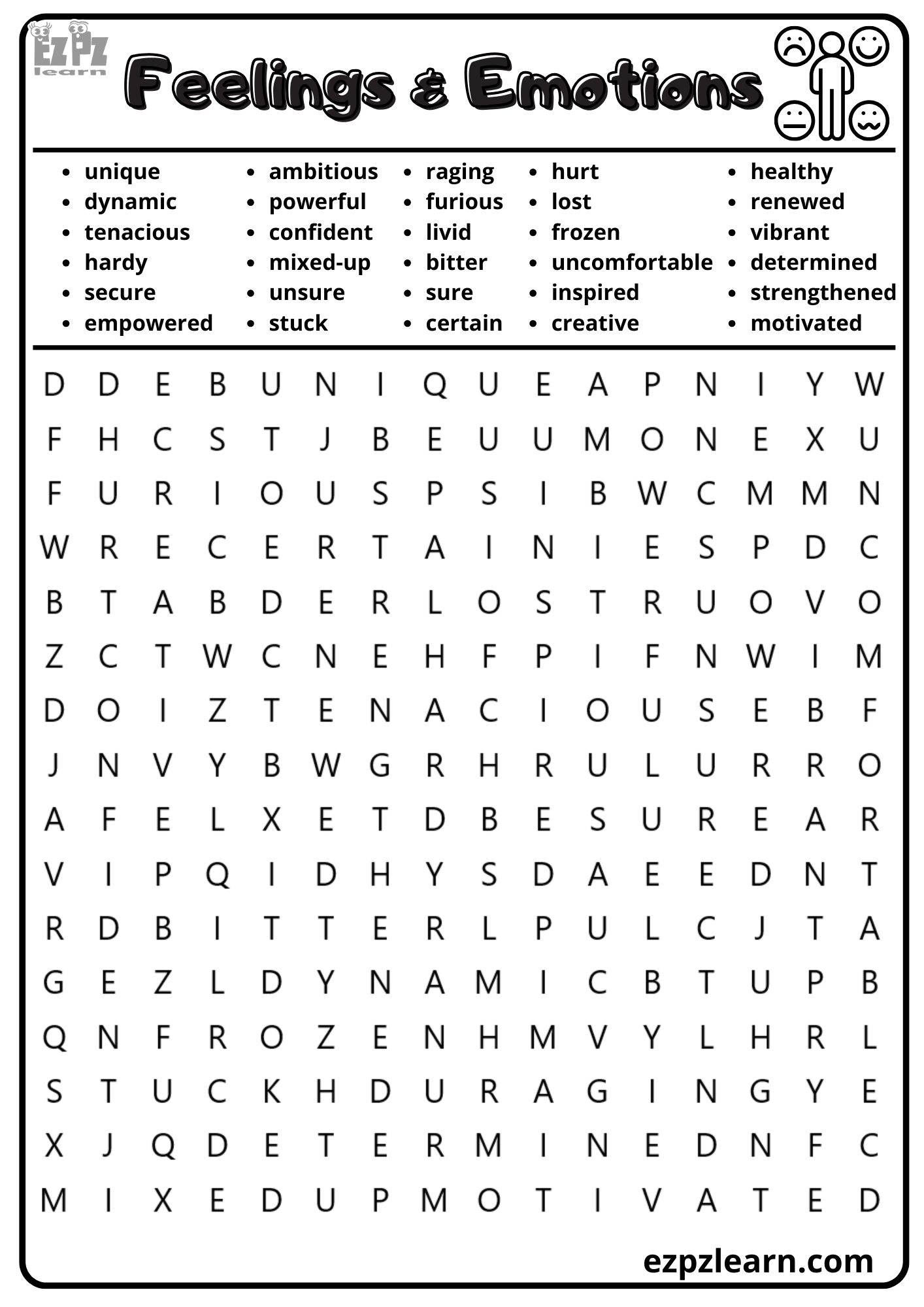 Feelings and Emotions Vocabulary Word Search for Adults and ESL Free ...