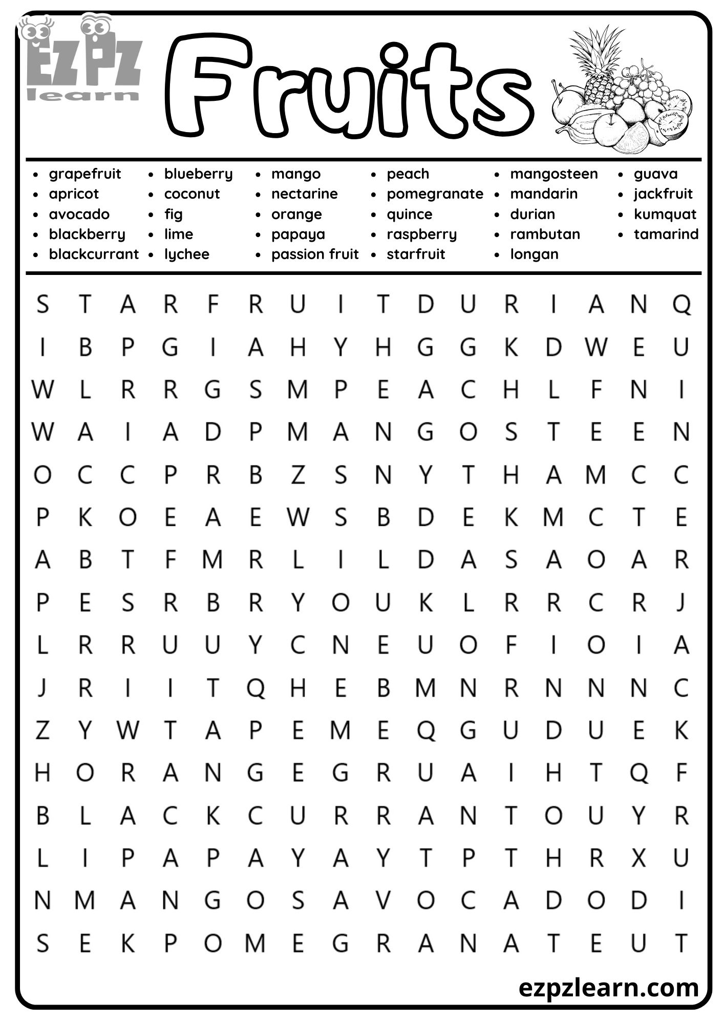 Fruits Vocabulary Word Search for Kids, Adults and ESL Students Free ...