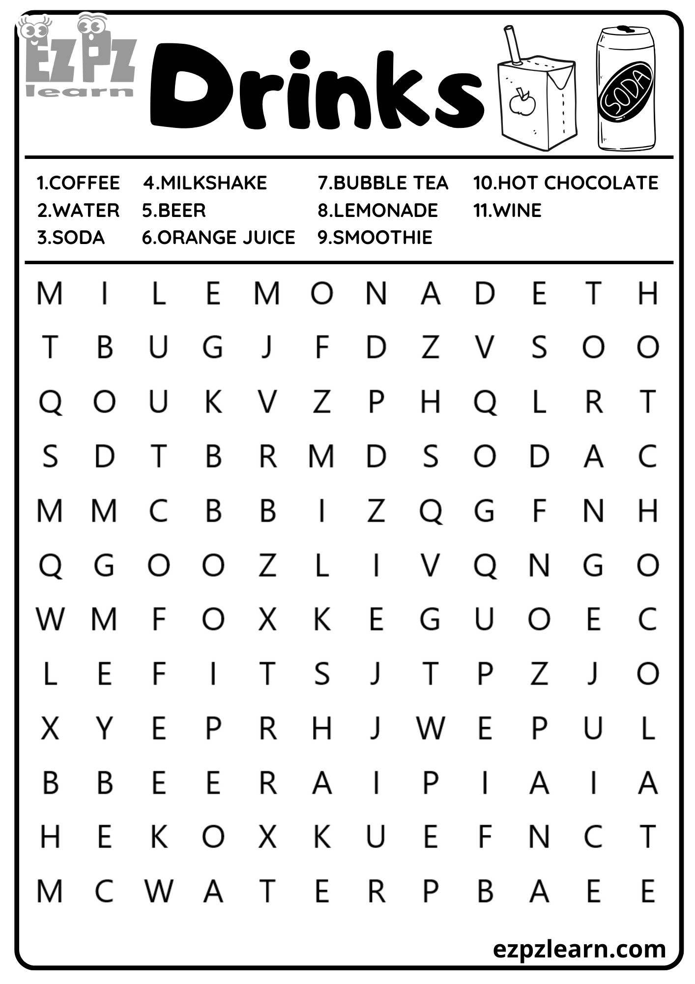 Drinks Vocabulary Word Search for Kids, Adults and ESL Students Free ...