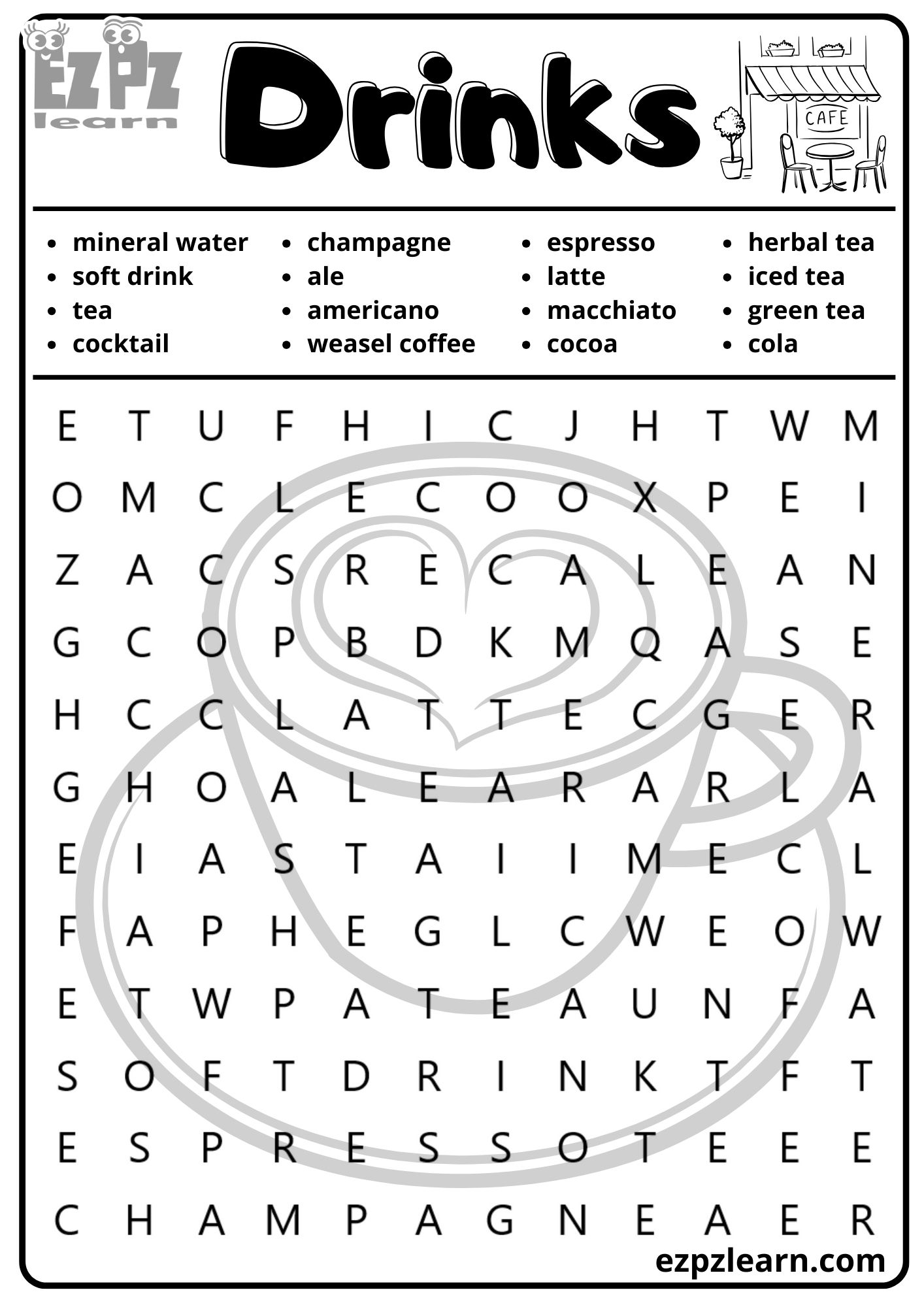 Drinks Vocabulary Word Search for Kids, Adults and ESL Students Free ...