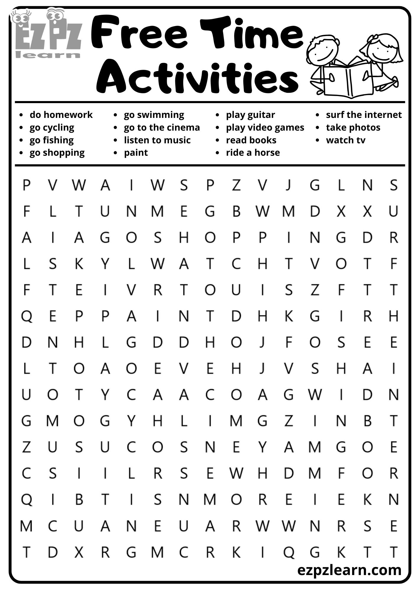 Free Time Activities Vocabulary Word Search for Kids and ESL Students ...