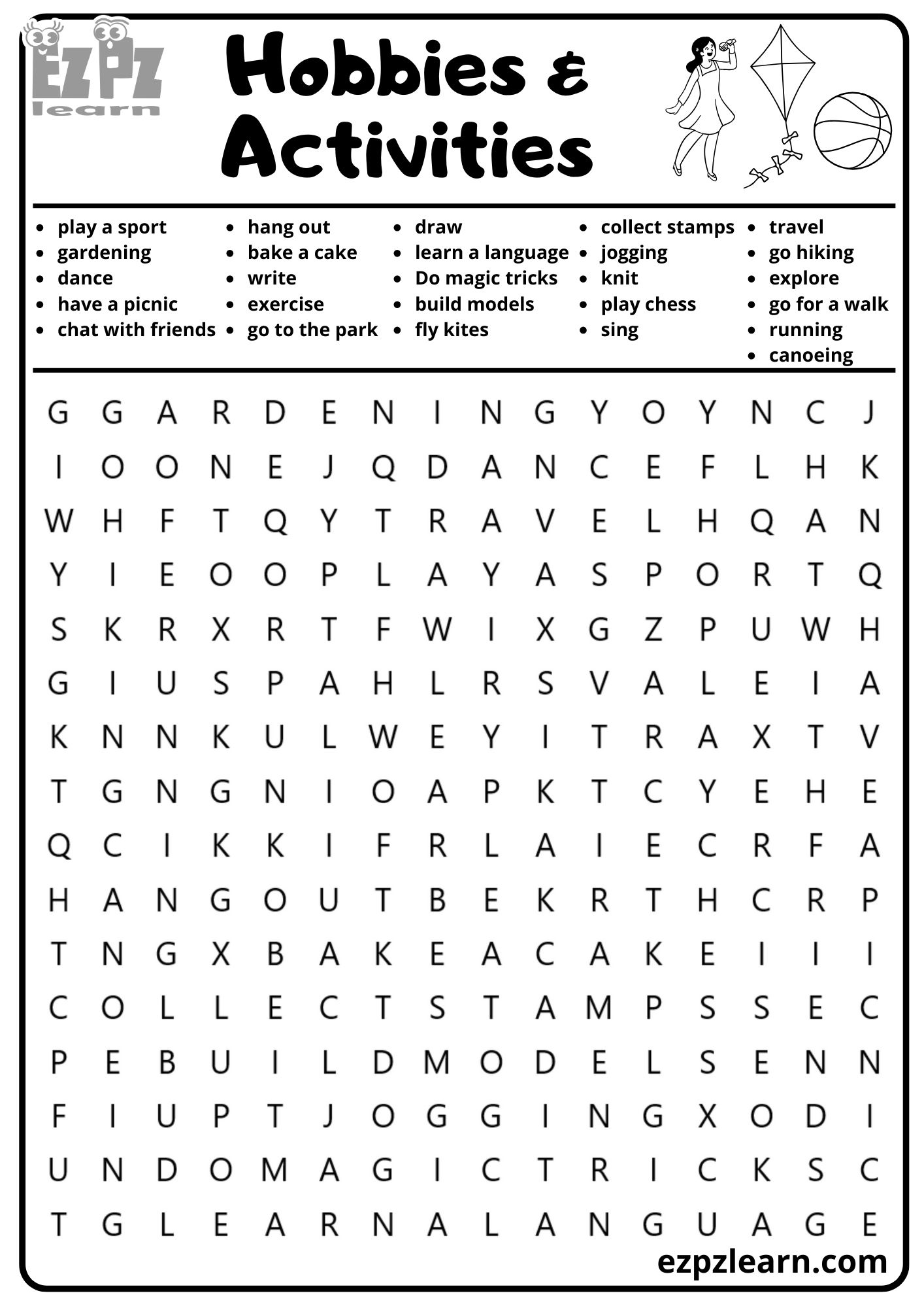 Hobbies and Free Time Activities Vocabulary Word Search for Kids and ...