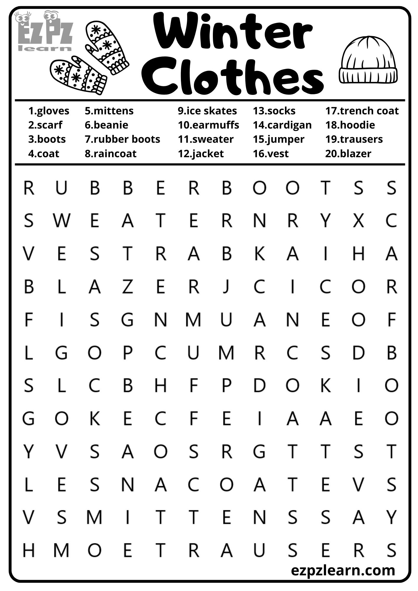 Winter Clothes Vocabulary Word Search for Kids and ESL Learners 20 ...