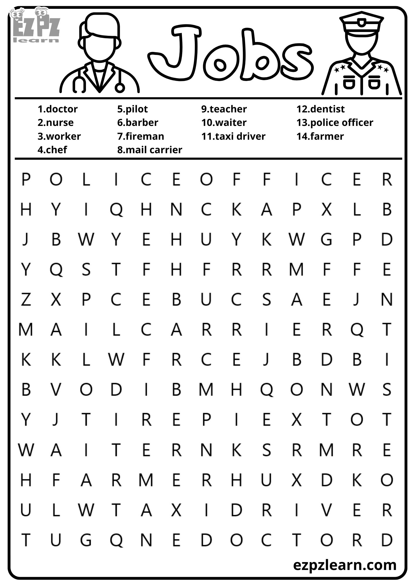 Jobs, Careers and Professions Word Search Free PDF Download - Ezpzlearn.com