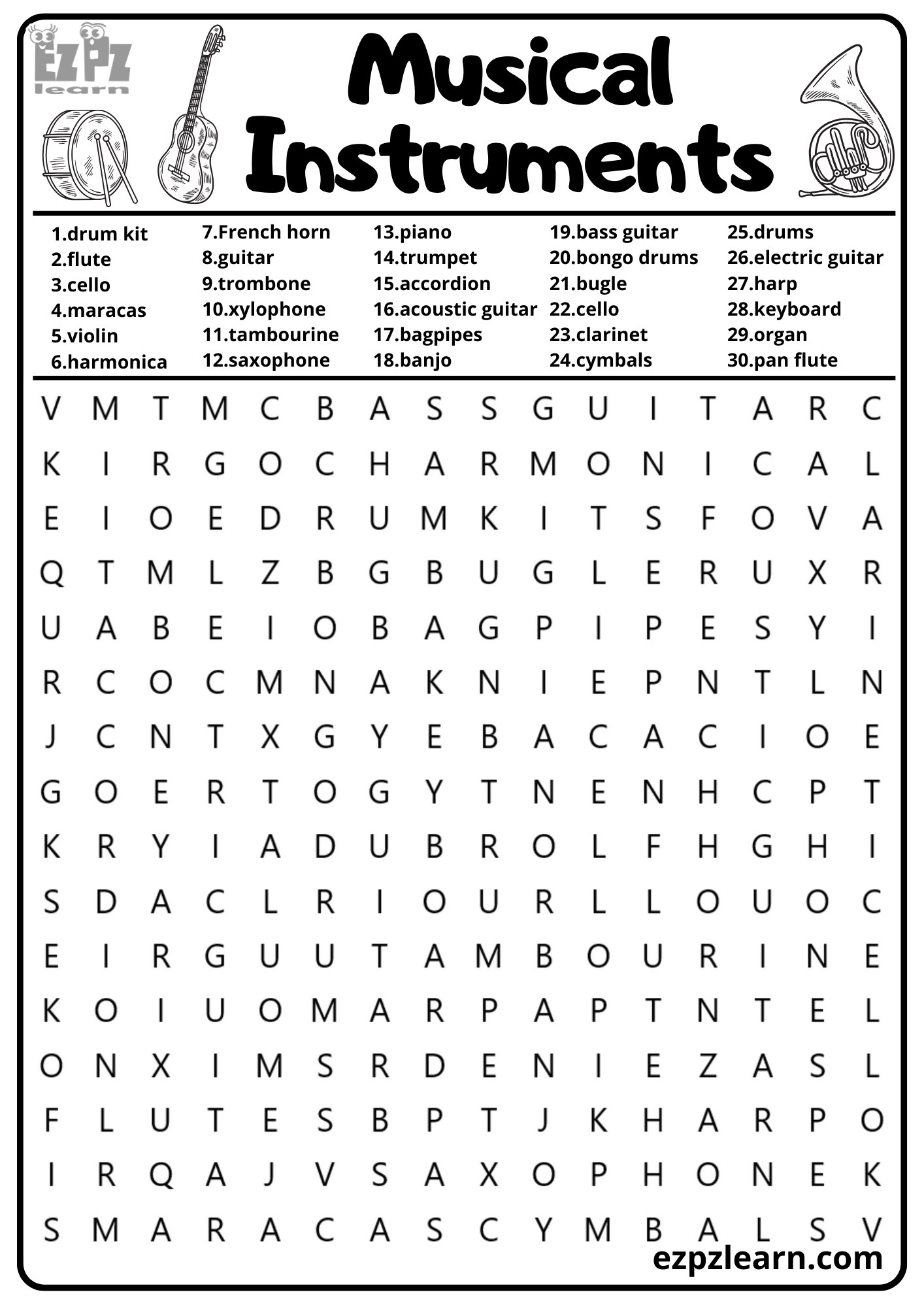 Musical Instrument Vocabulary Word Search Homeschool and ESL Students ...