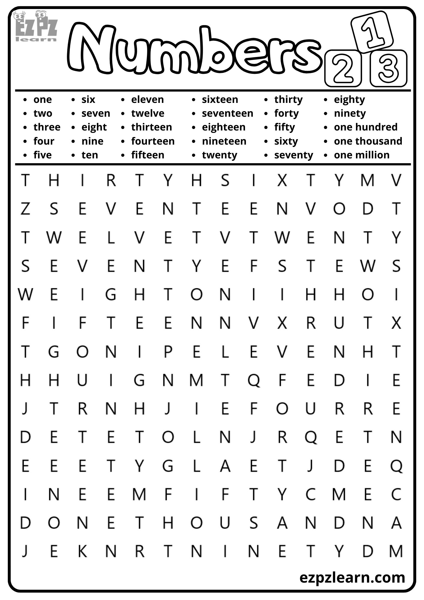 Numbers One to Twenty Vocabulary Word Search for K5 Homeschool and ESL ...