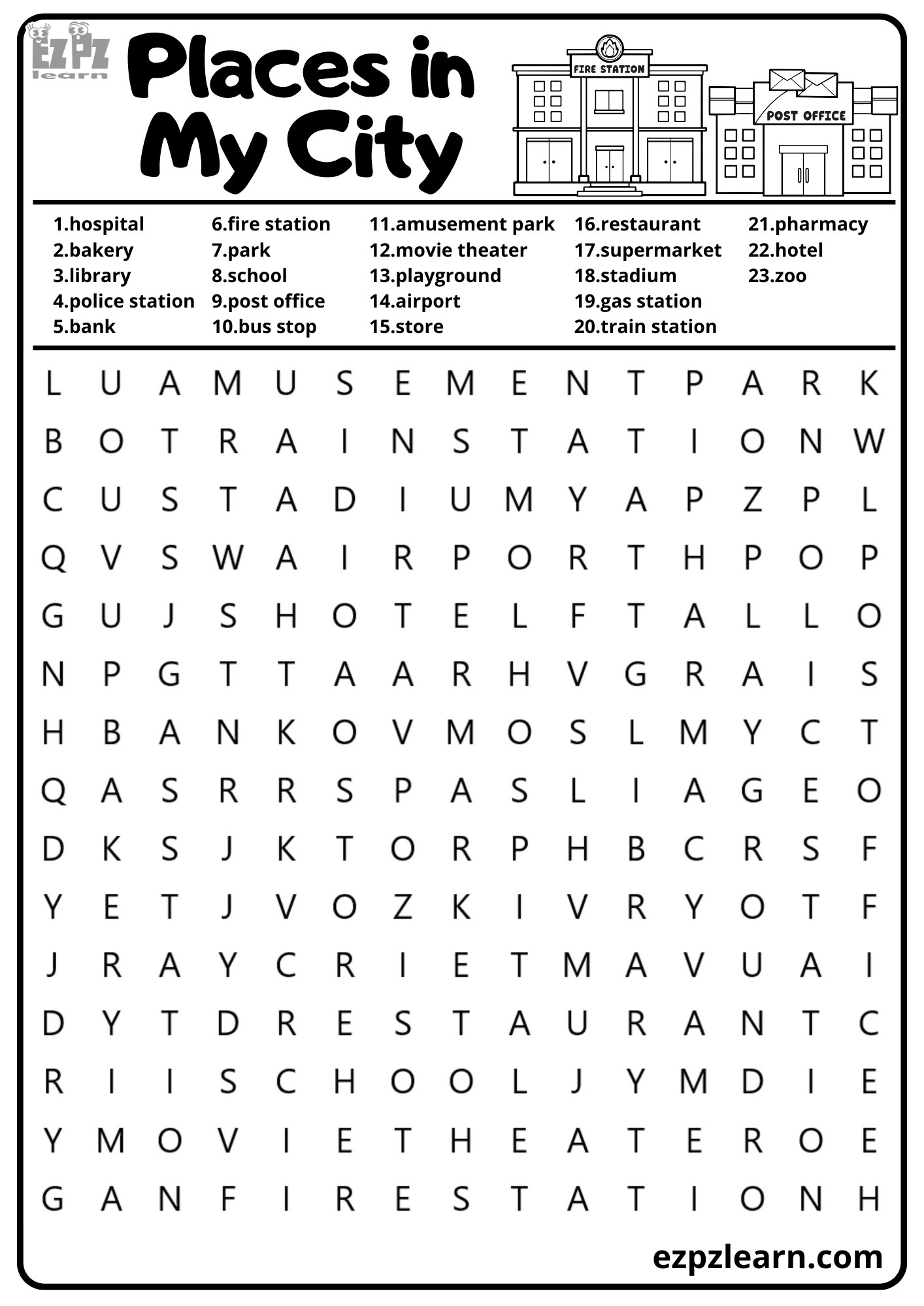 Places in My Town Vocabulary Word Search for K5 Homeschool and ESL ...