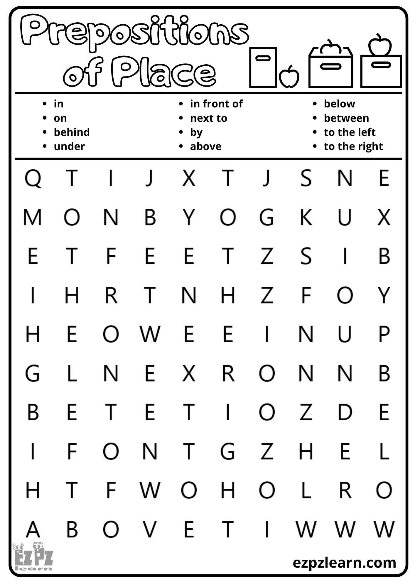 Prepositions of Place Vocabulary Word Search for K3 Homeschool and ESL ...