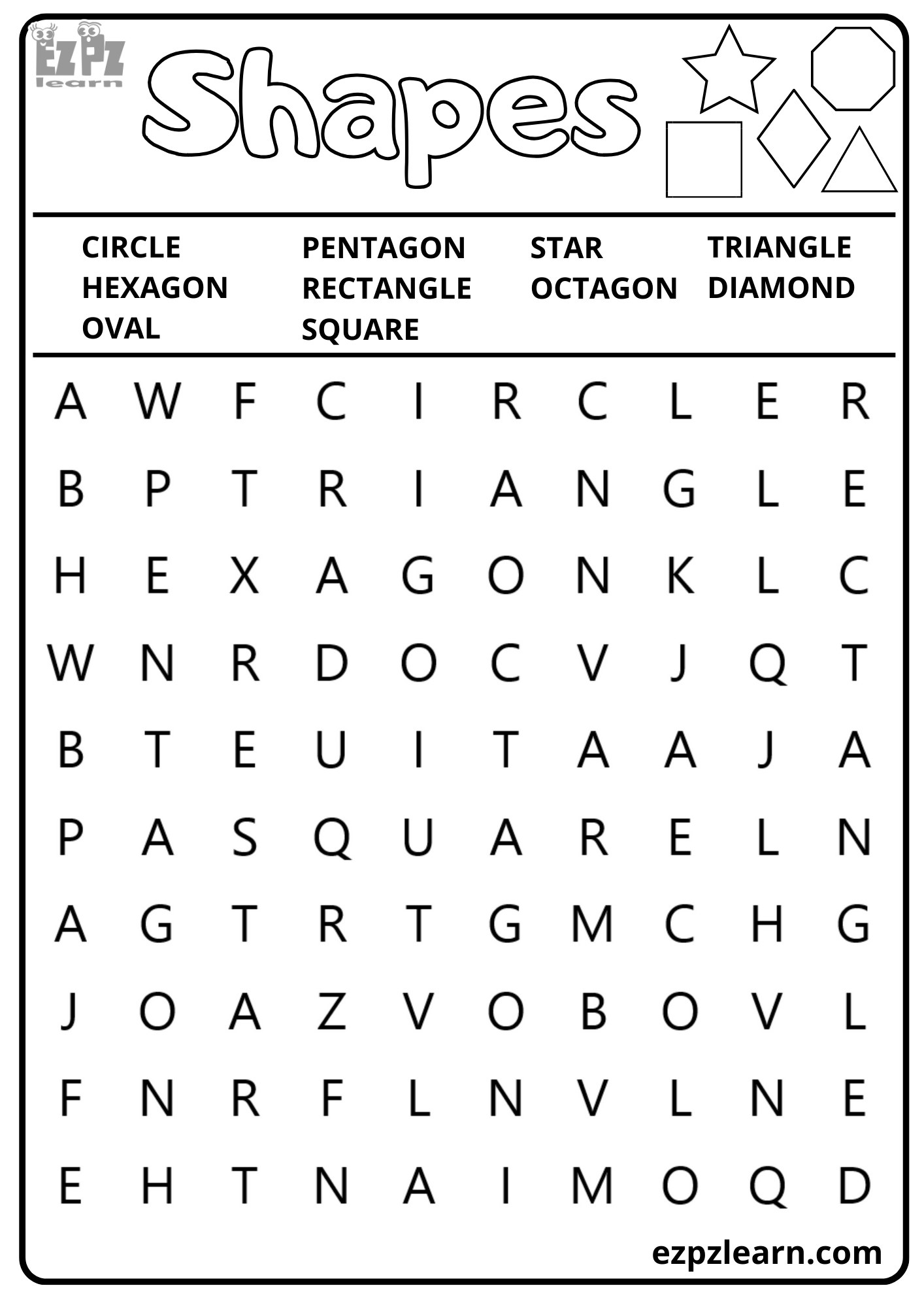 Shapes Vocabulary Word Search for K3 Homeschool and ESL Students Free ...