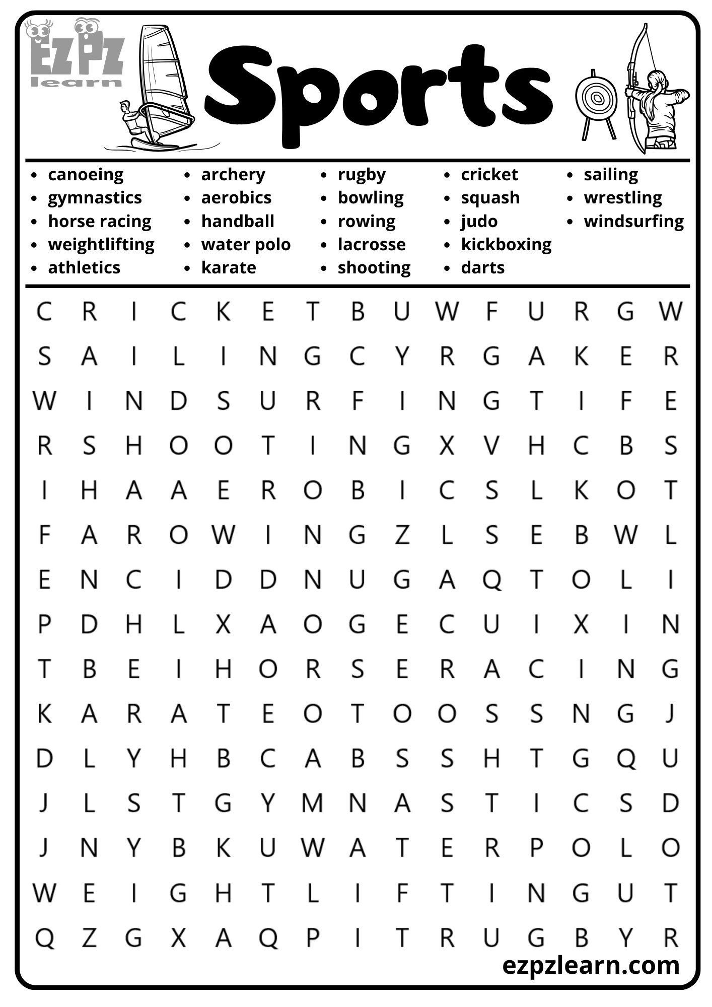 Sports and Hobbies Vocabulary Word Search for Homeschool and ESL ...