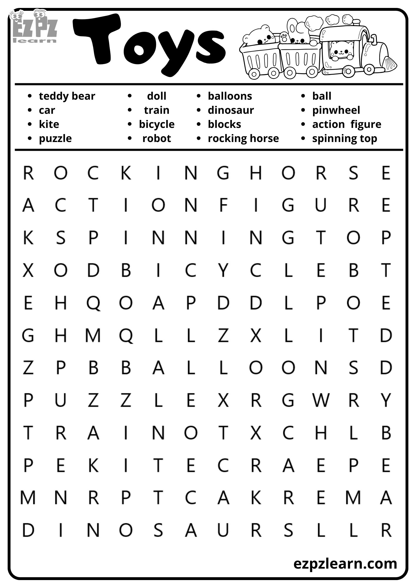 Toys Vocabulary Word Search for K3 Homeschool and ESL Students Free PDF ...