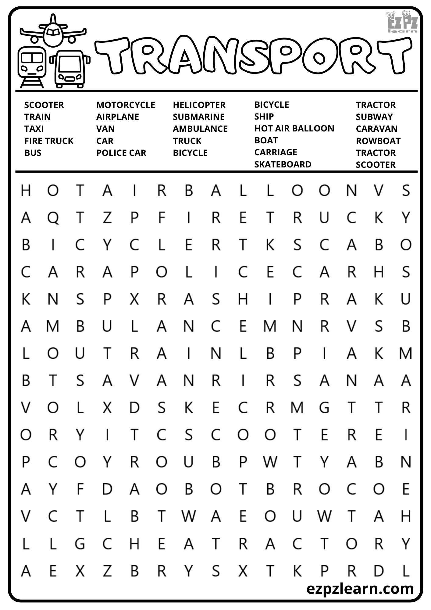 Transportation Vocabulary Word Search for K3 Homeschool and ESL ...
