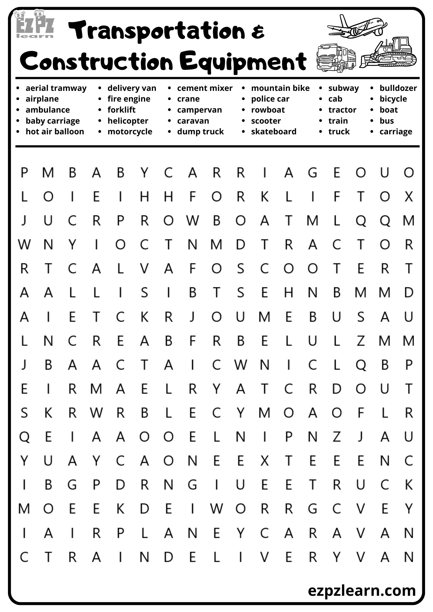 Transportation and Construction Equipment Vocabulary Word Search for ...