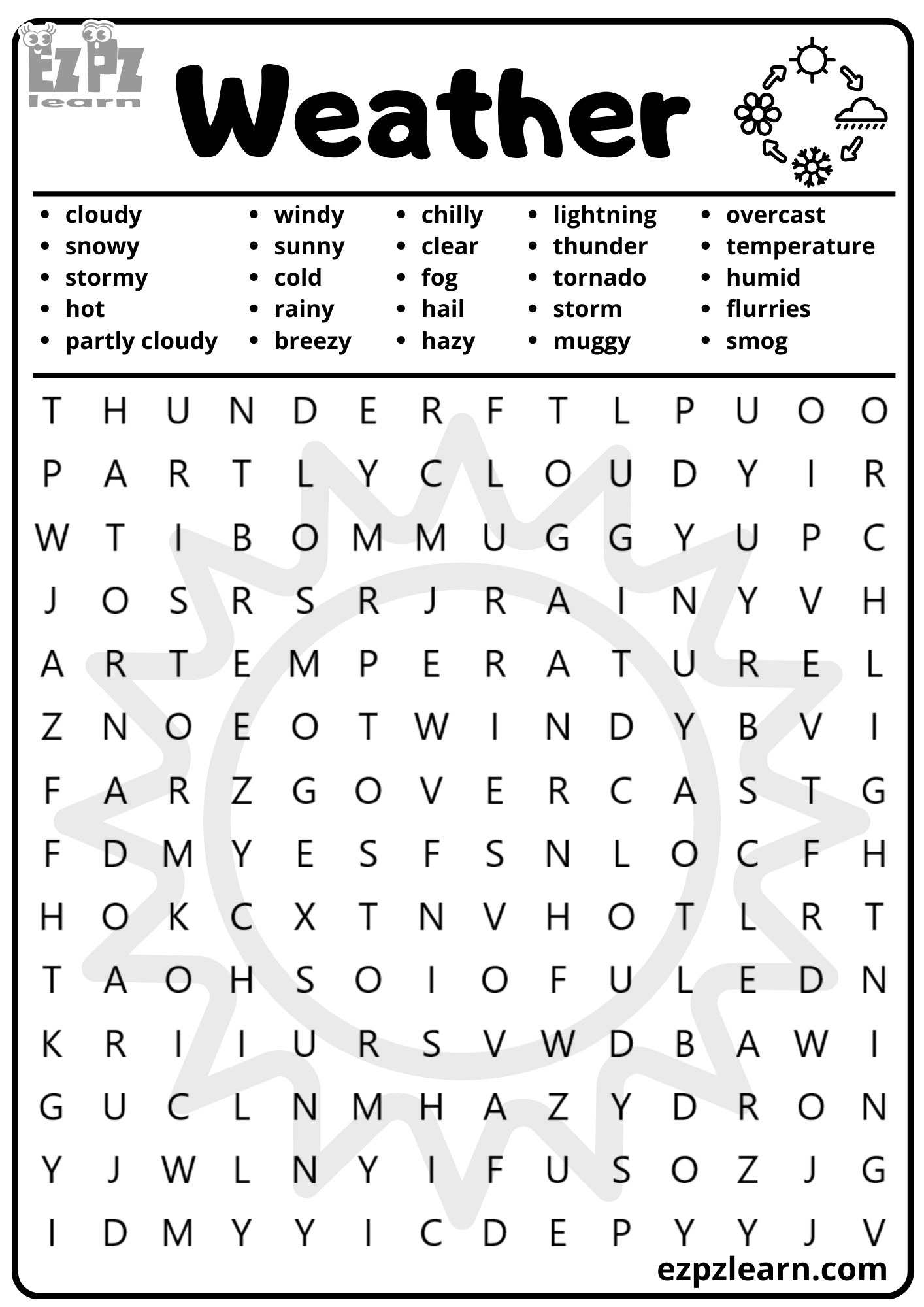 Weather Vocabulary Word Search for Homeschool and ESL Students Free PDF ...