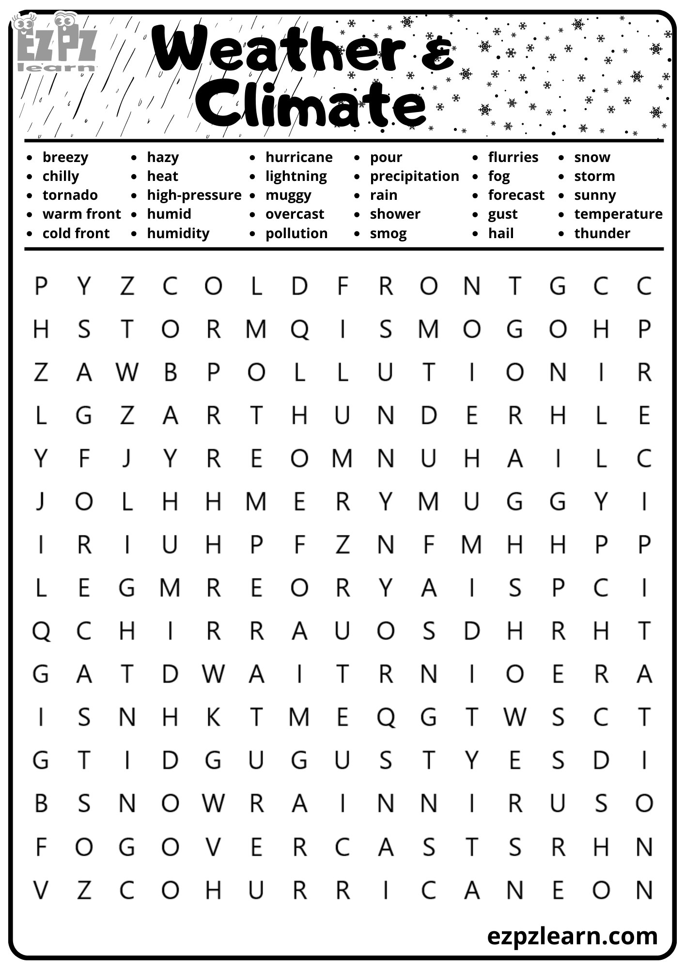 Weather and Climate Vocabulary Word Search for Homeschool and ESL ...
