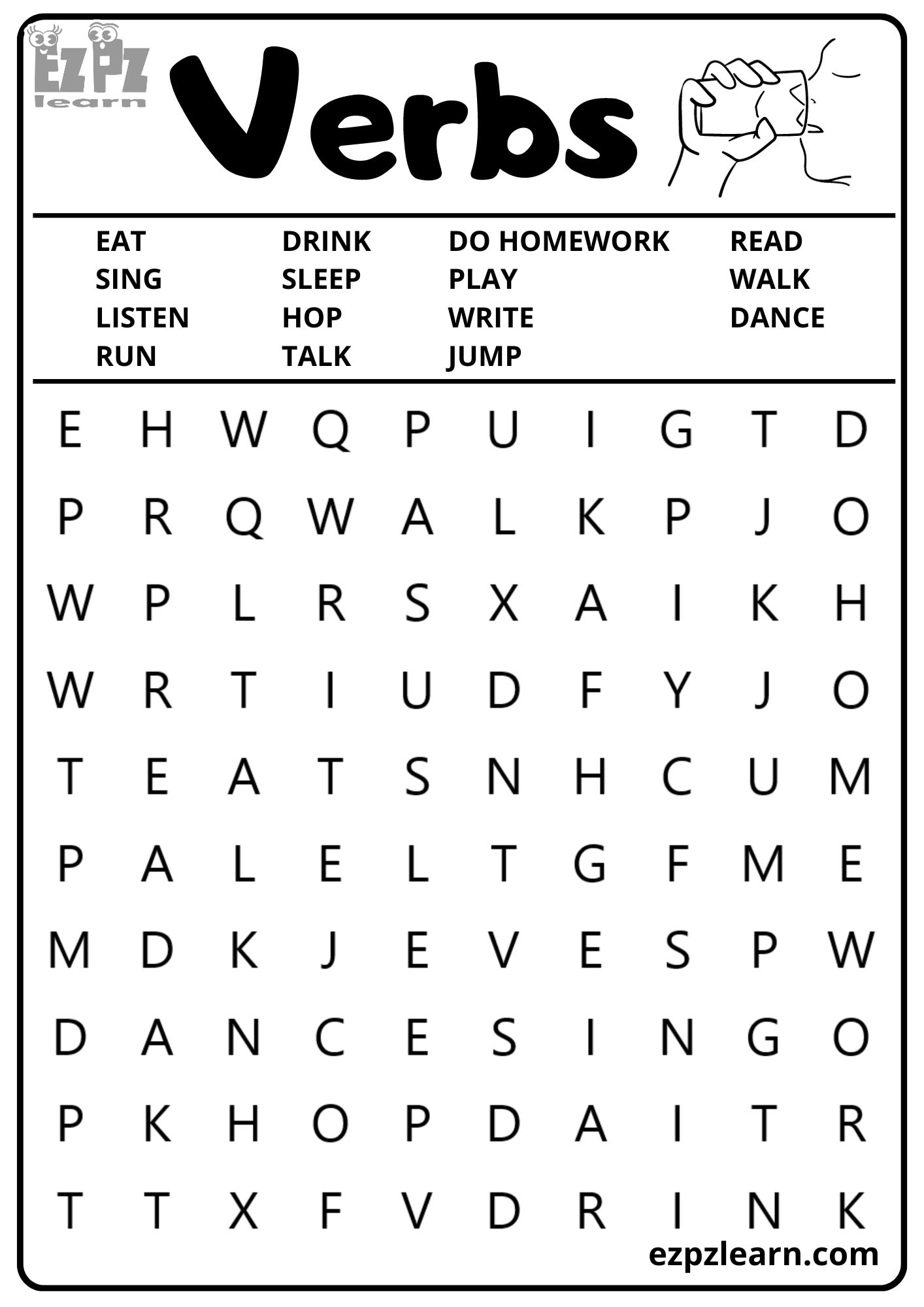 Action Verbs Word Search for K1 and ESL Students Free PDF Download ...