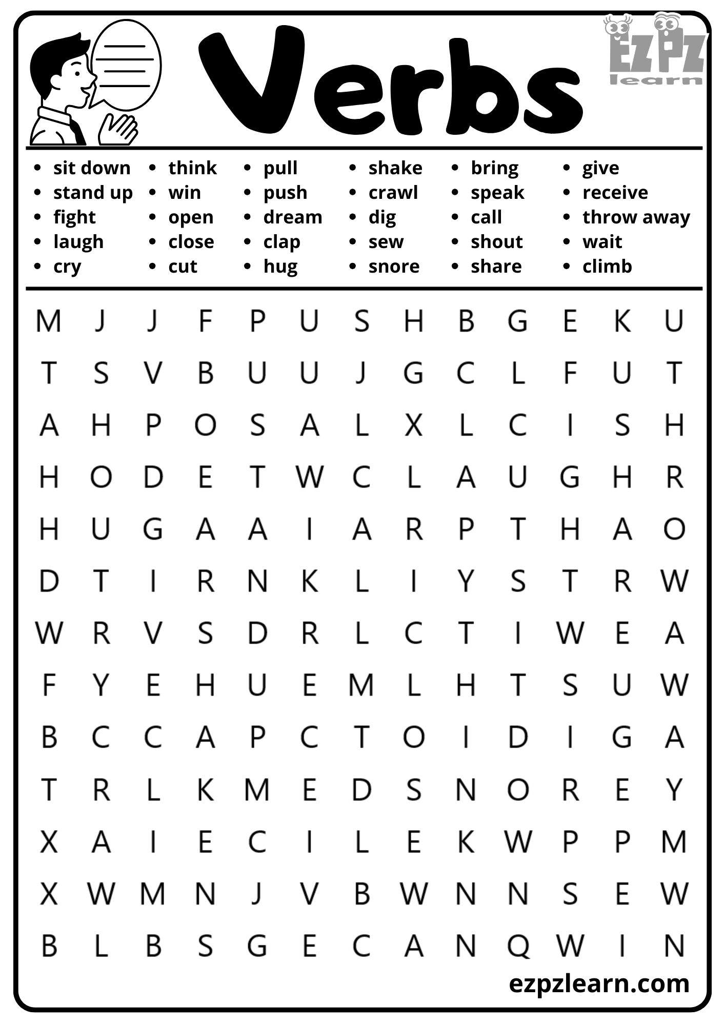Action Verbs 30 Vocabulary Words Word Search for K1 and ESL Students ...