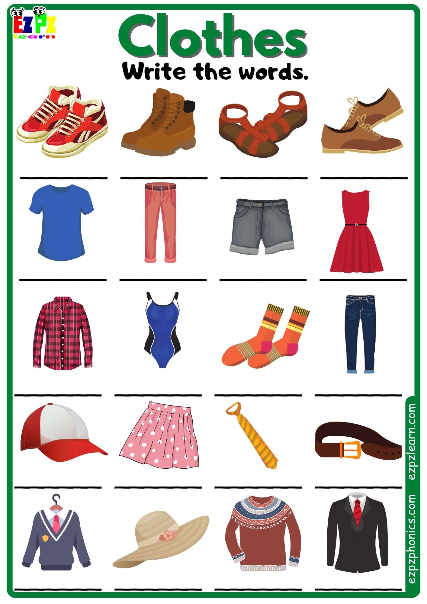 Clothes Vocabulary Write the Words Free PDF Download - Ezpzlearn.com
