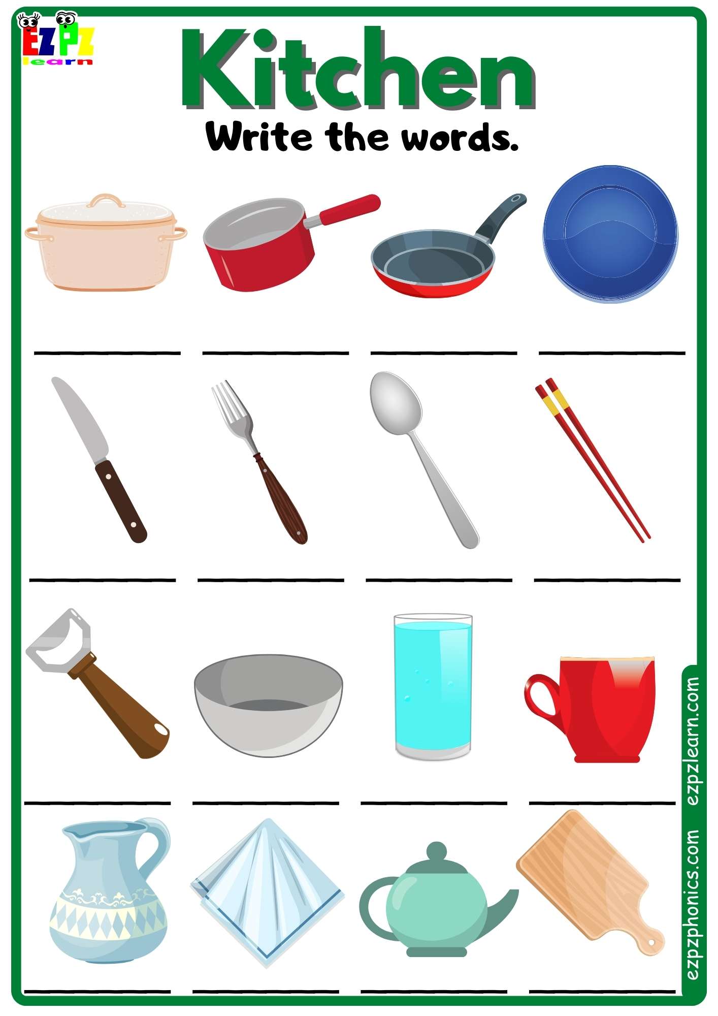 Kitchen Utensils Vocabulary Write the Words Free PDF Download ...