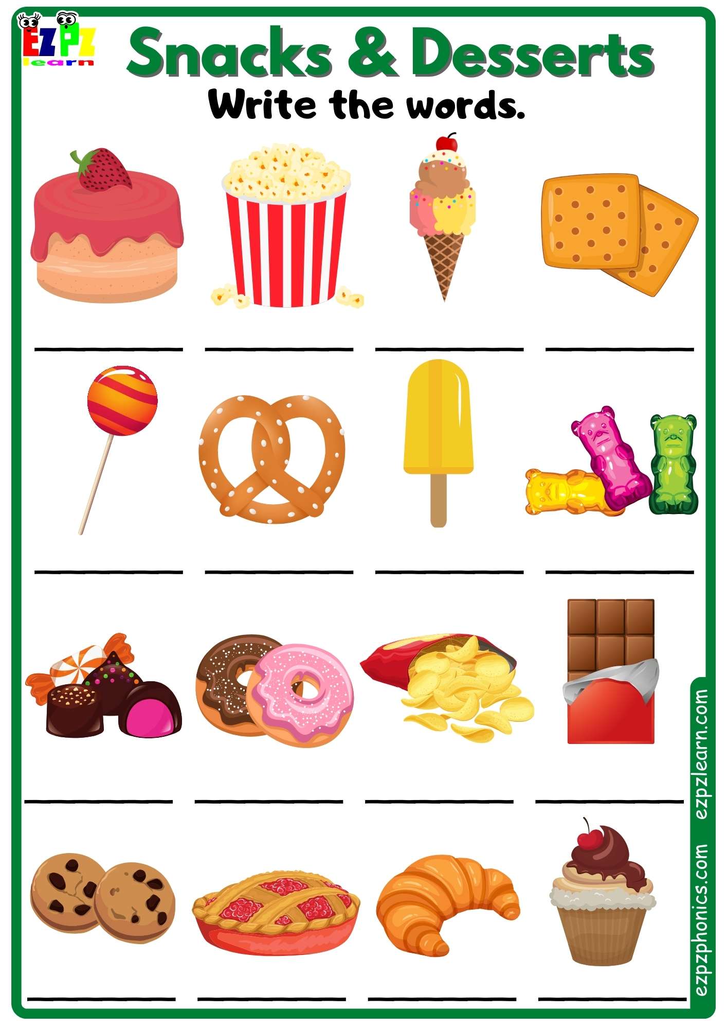 Snacks and Desserts Vocabulary Write the Words Free PDF Download ...