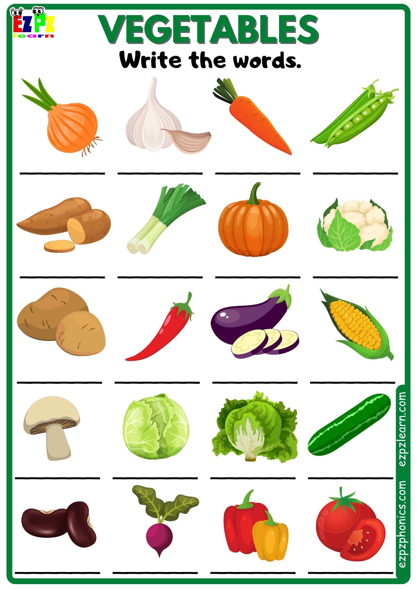Vegetables Food Vocabulary Write the Words Free PDF Download ...