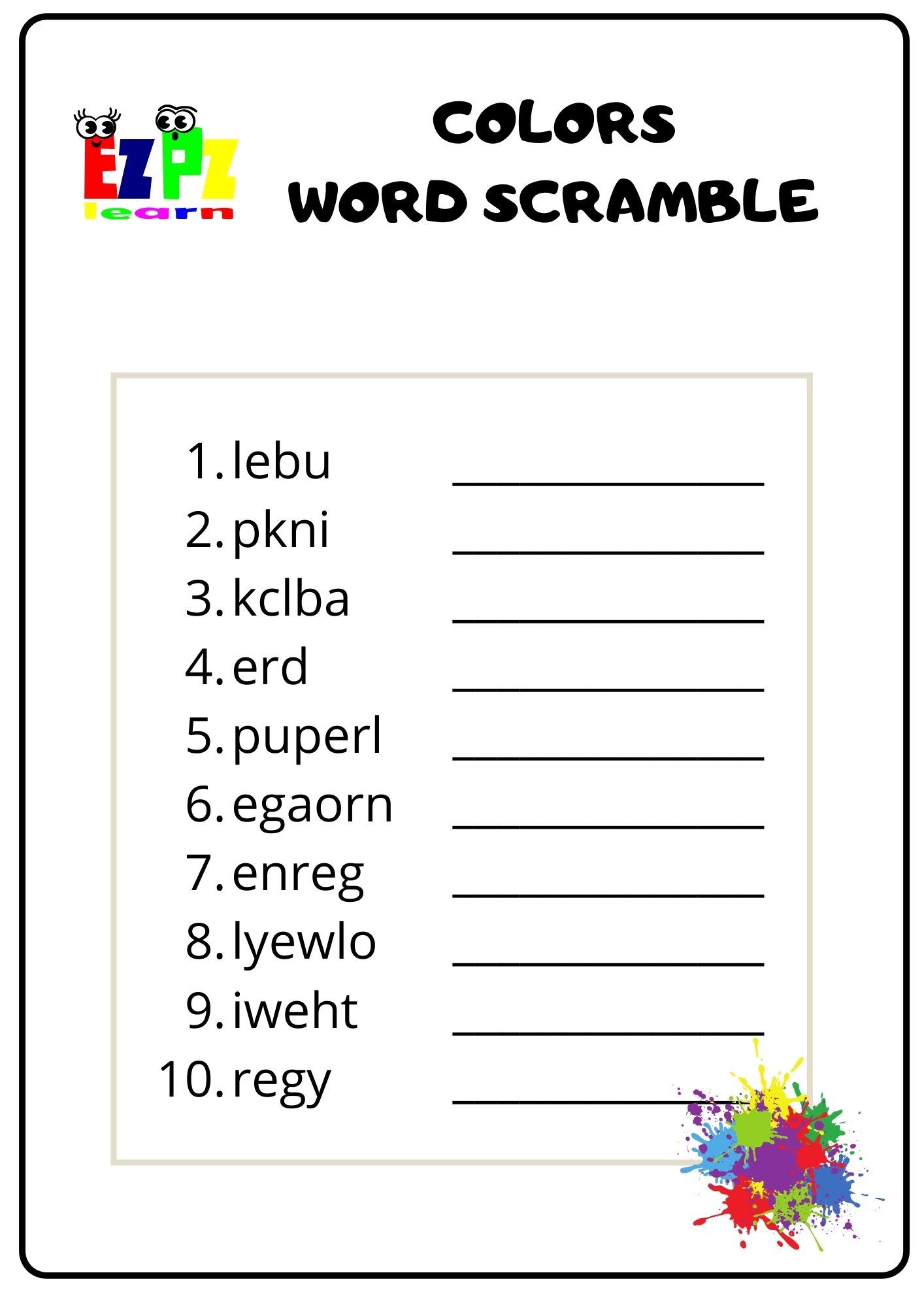 Colors Word Scramble - Ezpzlearn.com
