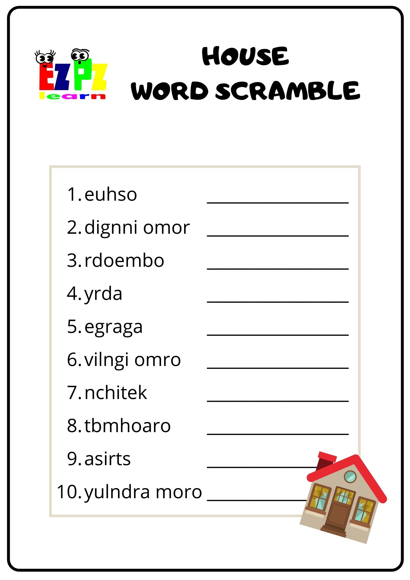 House Rooms Word Scramble - Ezpzlearn.com