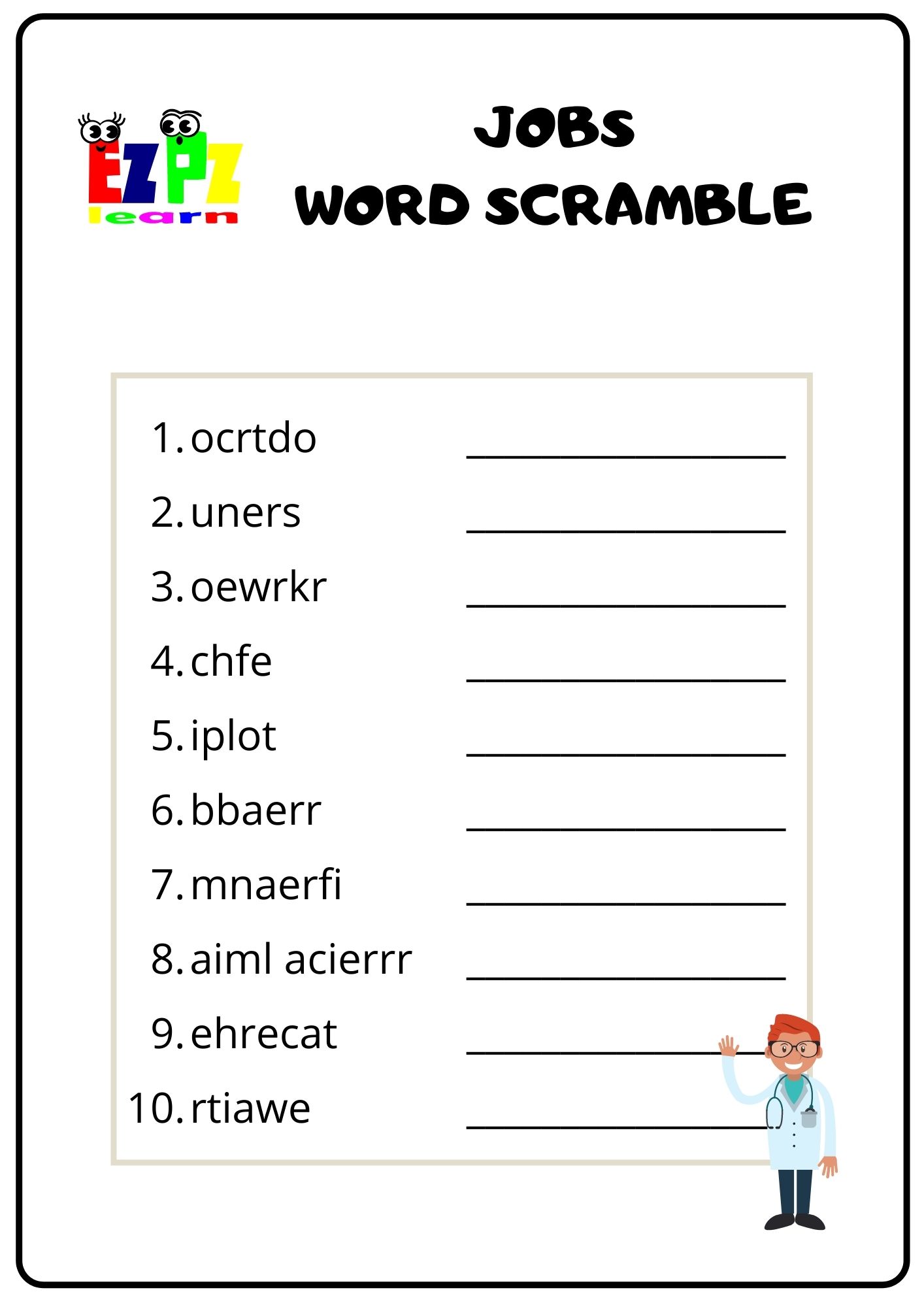 Jobs Word Scramble - Ezpzlearn.com