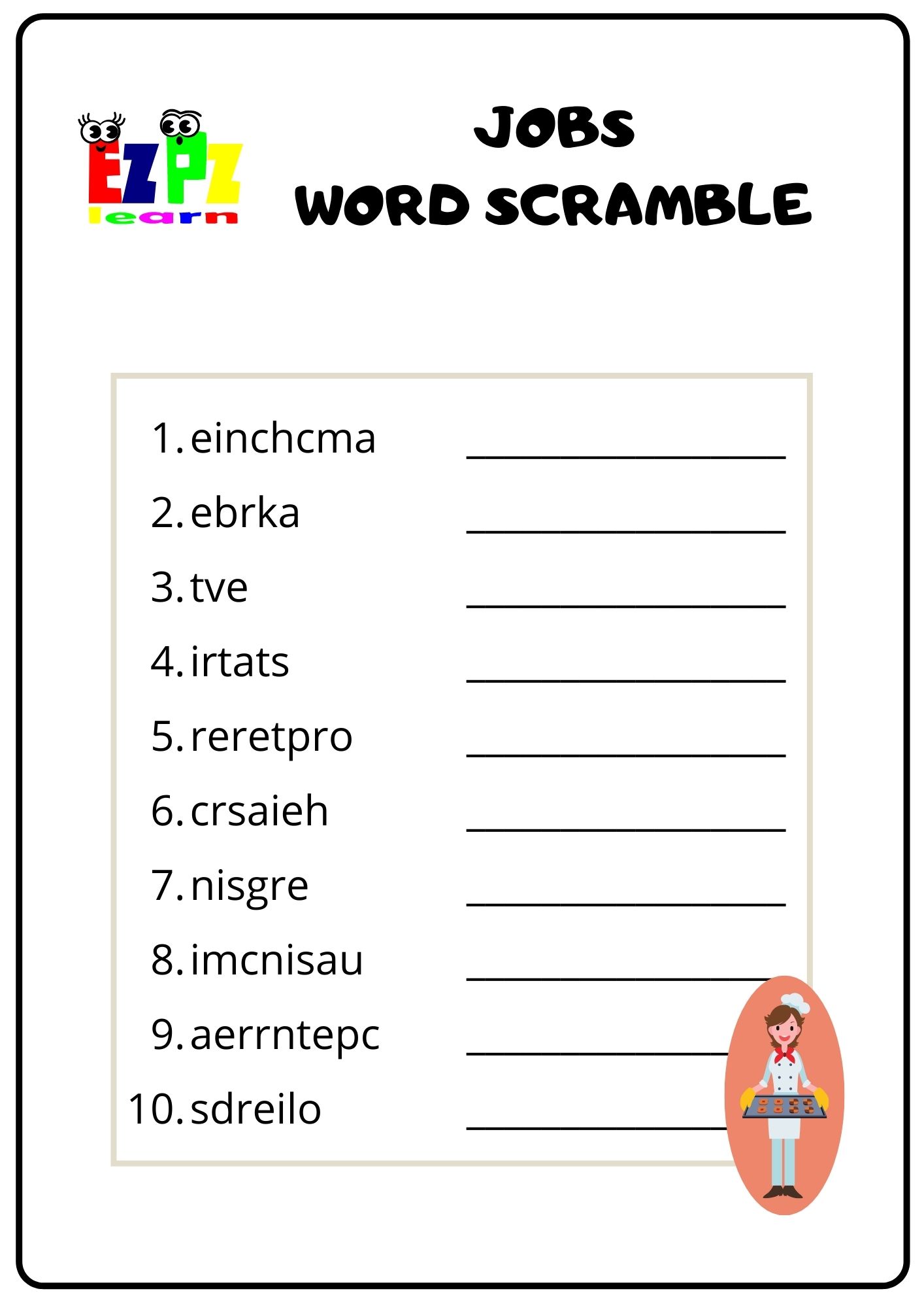 Jobs 2 Word Scramble - Ezpzlearn.com