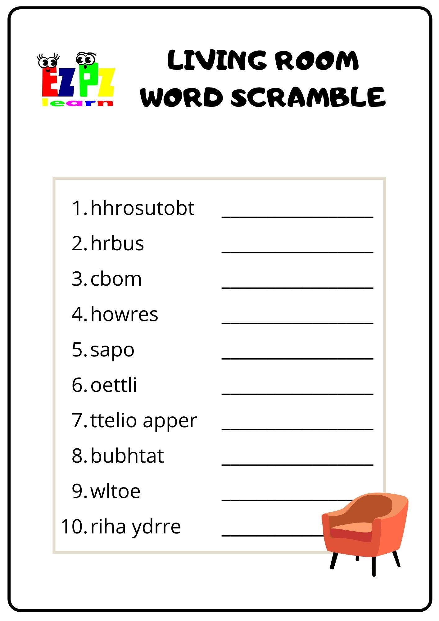 Living Room Word Scramble - Ezpzlearn.com