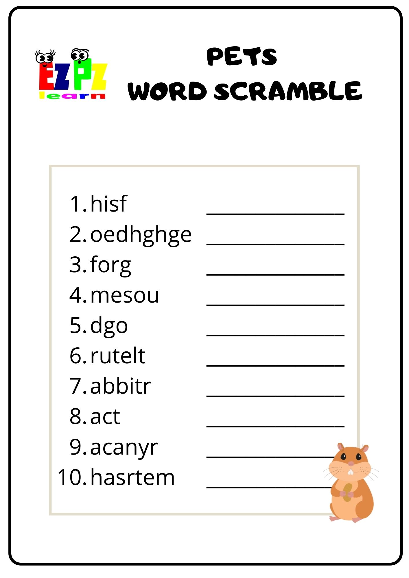 Pets Word Scramble - Ezpzlearn.com