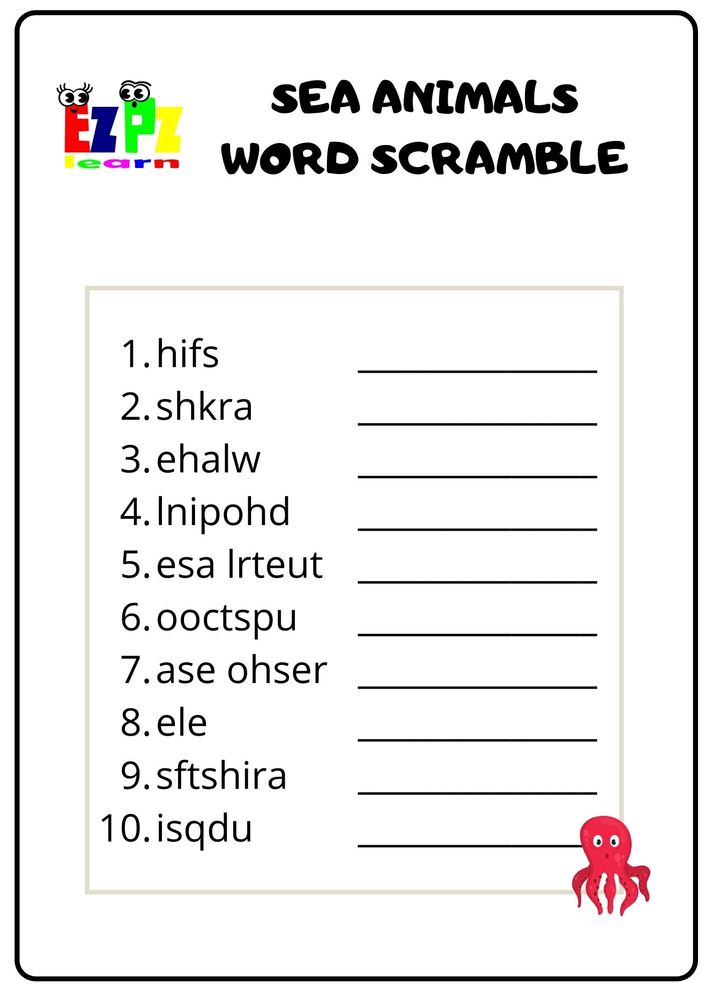 Sea Animals Word Scramble - Ezpzlearn.com