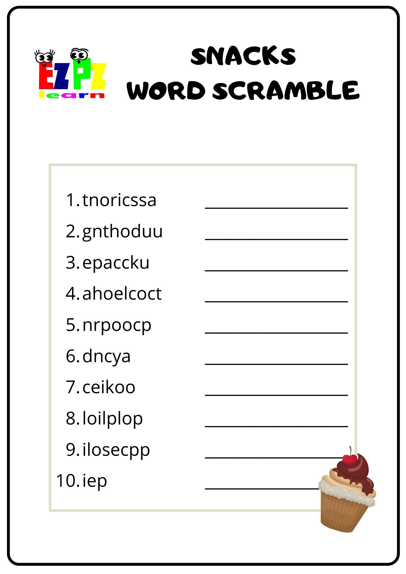 Snacks Word Scramble - Ezpzlearn.com