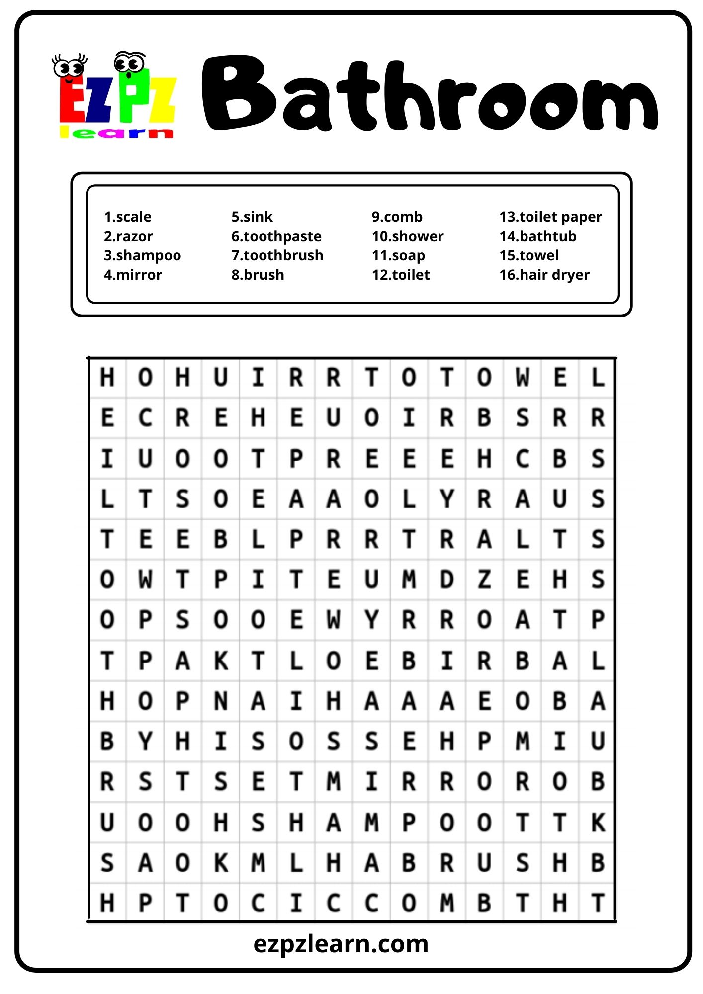 Bathroom Word Search - Ezpzlearn.com